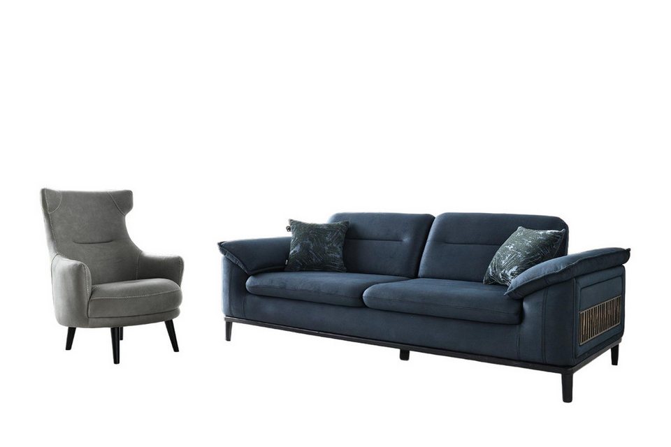 Jvmoebel Wohnzimmer Set Blau Graue Couchgarnitur Polster Dreisitzer