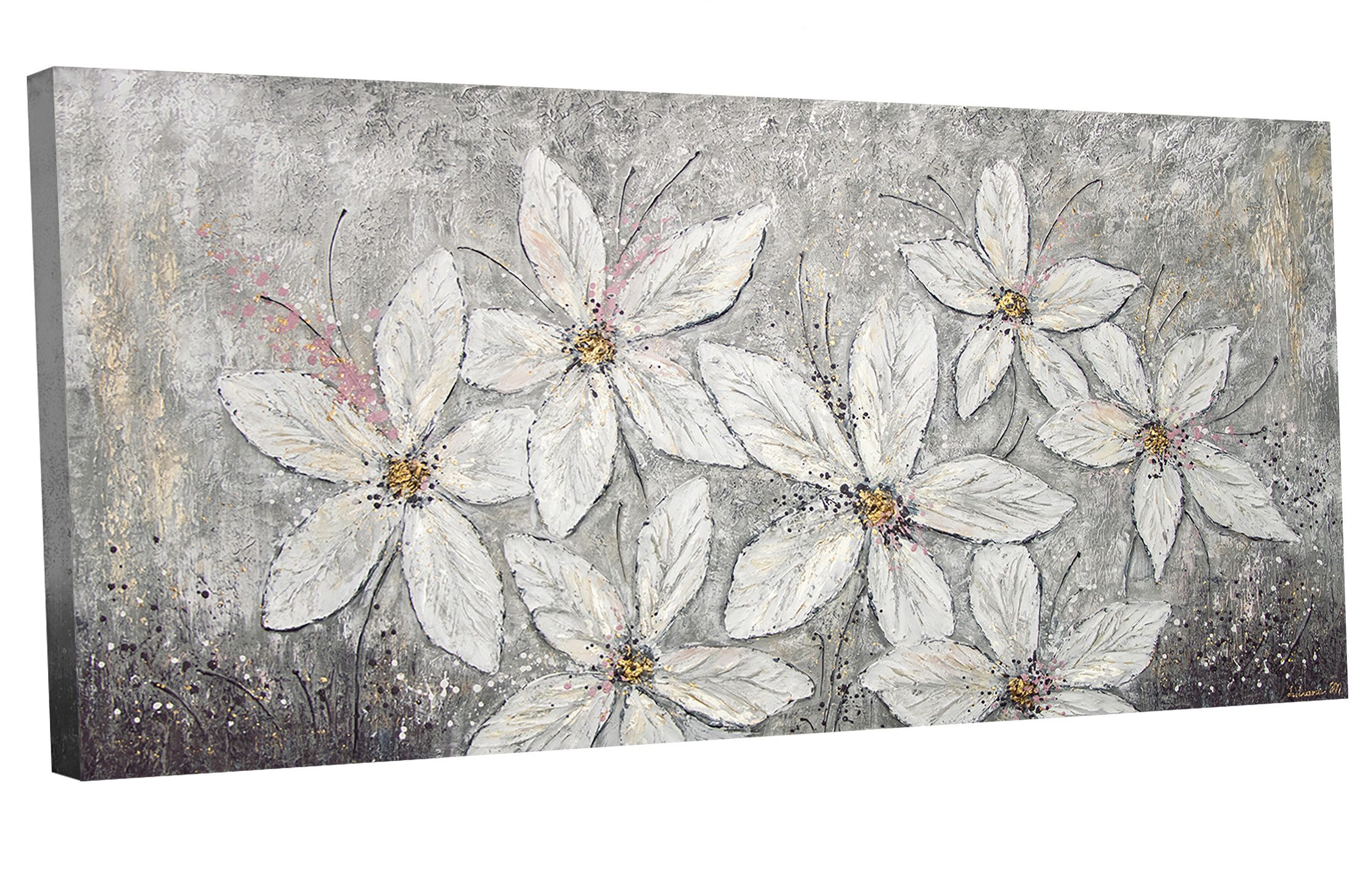 YS-Art Gemälde Blumenparadies, Blumen, Weiße Blumen Leinwand Bild Handgemalt Grau Schwarz