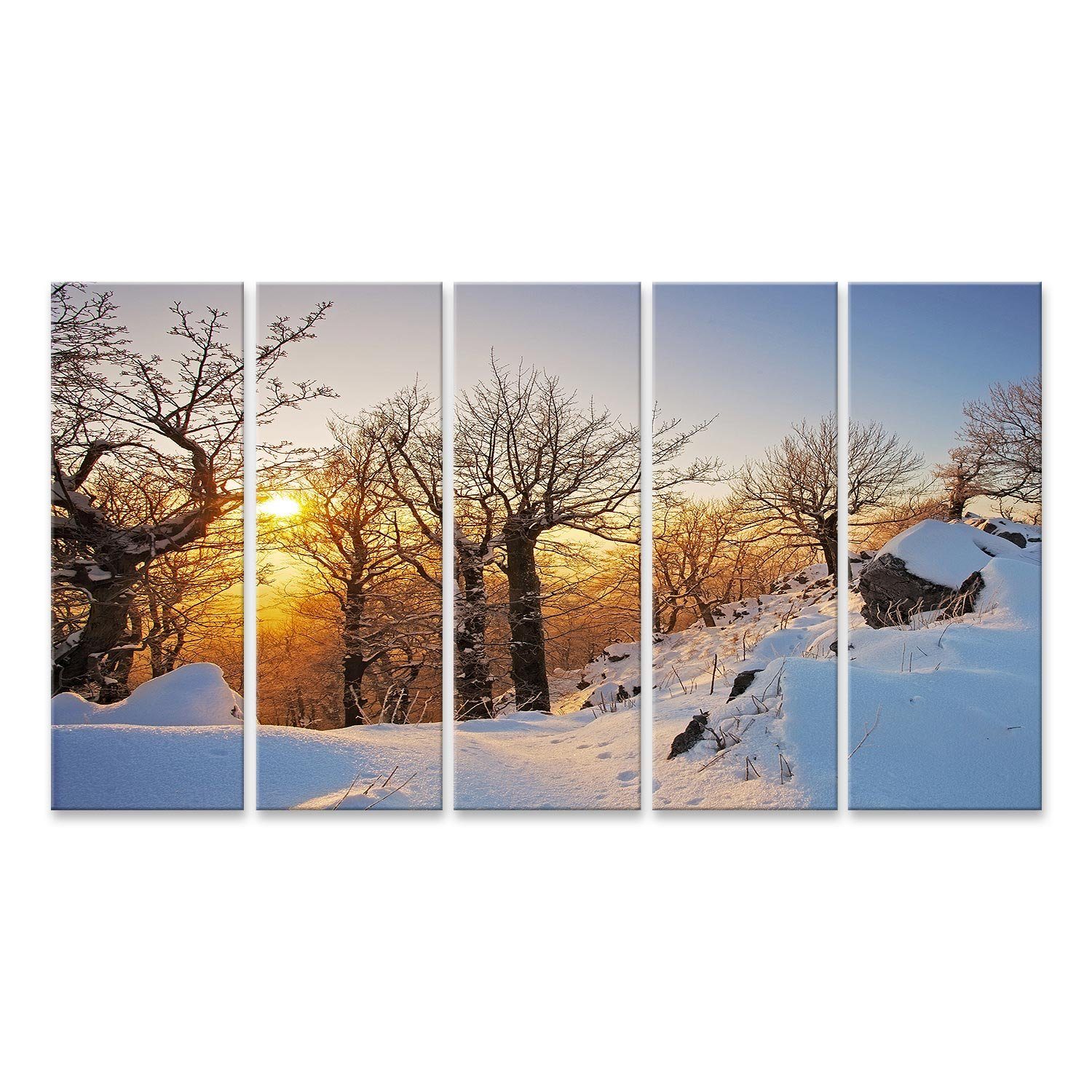 islandburner Leinwandbild Bild auf Leinwand Winter im Wald bei Sonnenuntergang Wandbild Poster K