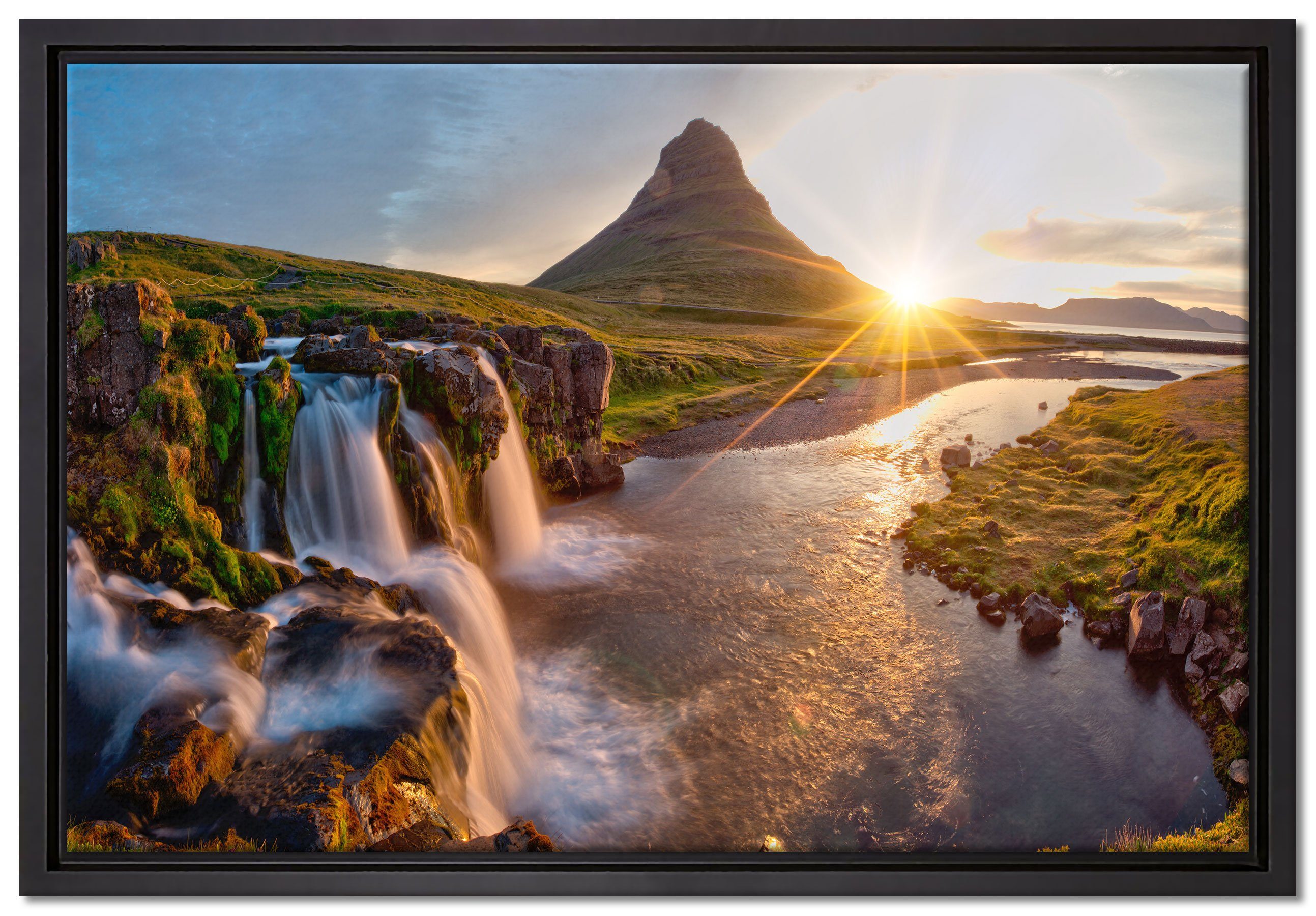 Pixxprint Leinwandbild Wasserfall in Isalnd bei Sonnenuntergang, Wanddekoration (1 St ...