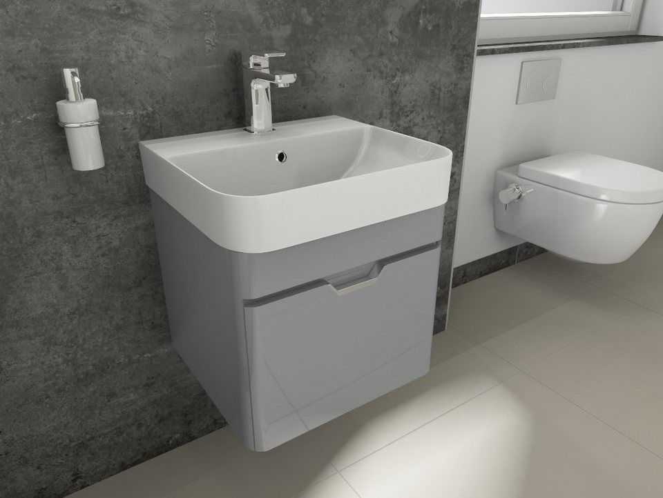 Aqua Bagno Badmöbel Set Badschrank Hängend Mit Waschbecken 48cm Grau