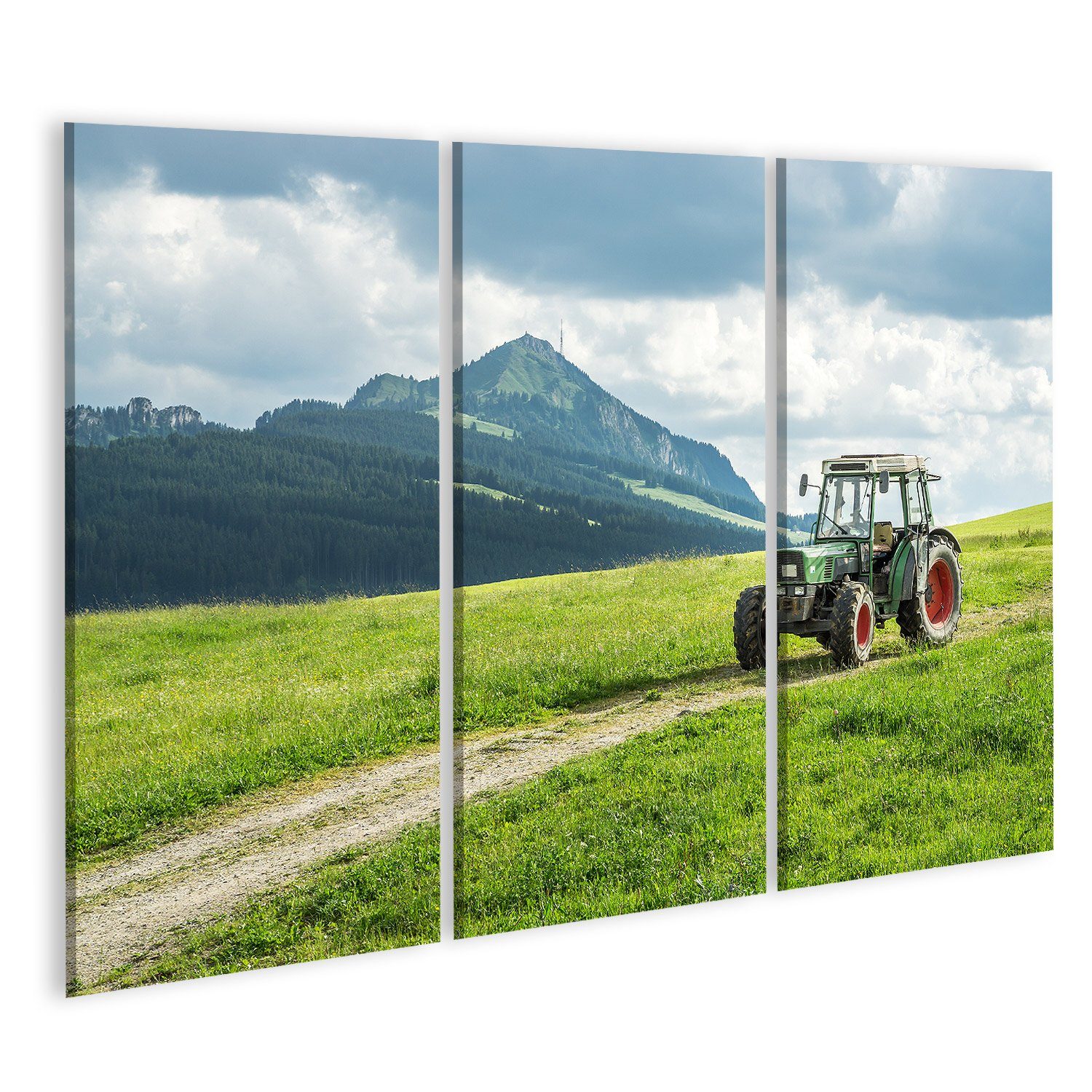 islandburner Leinwandbild »Bild auf Leinwand Alter Traktor Wiese Schöner Bergblick Alpen ...