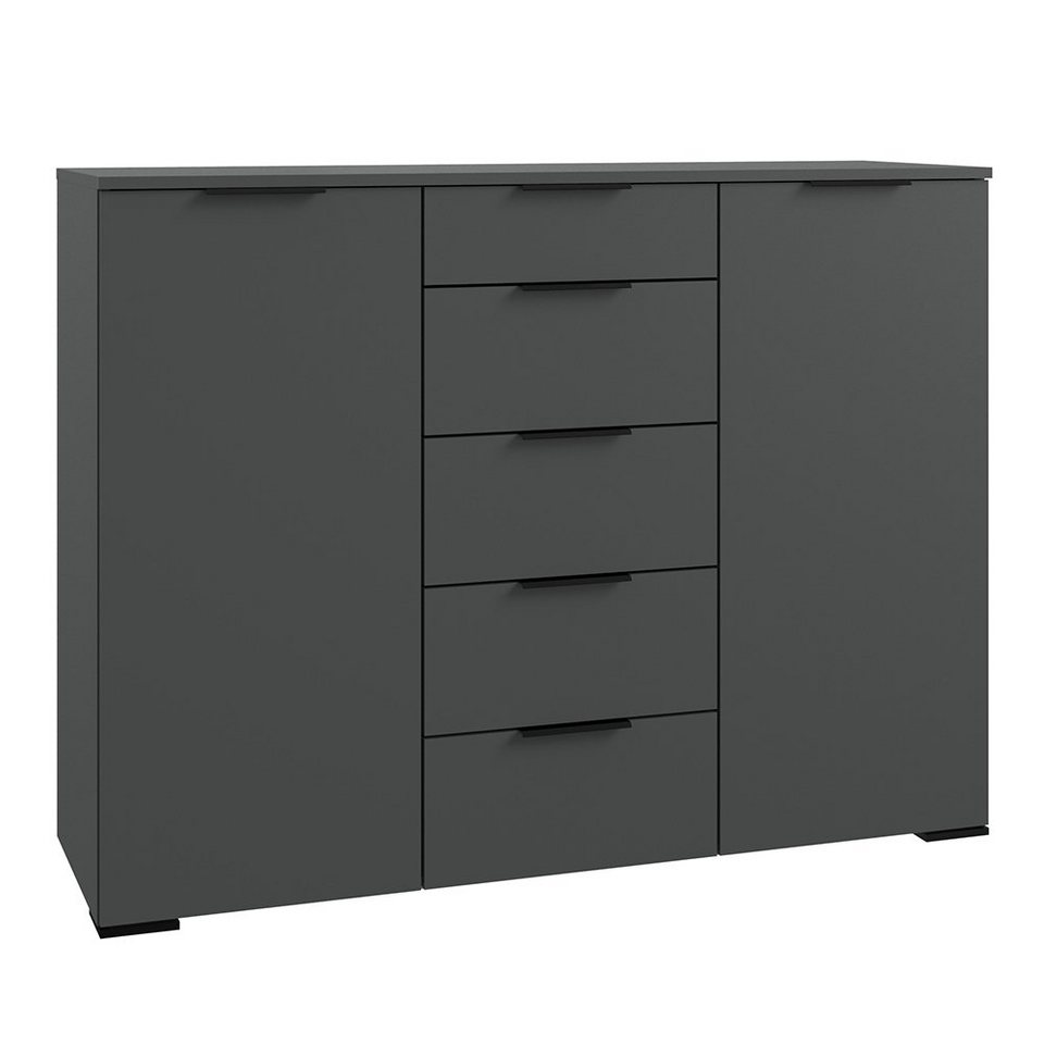 Lomadox Kommode Agaete 43 Sideboard 2 Türen 5 Schubkästen Graphit