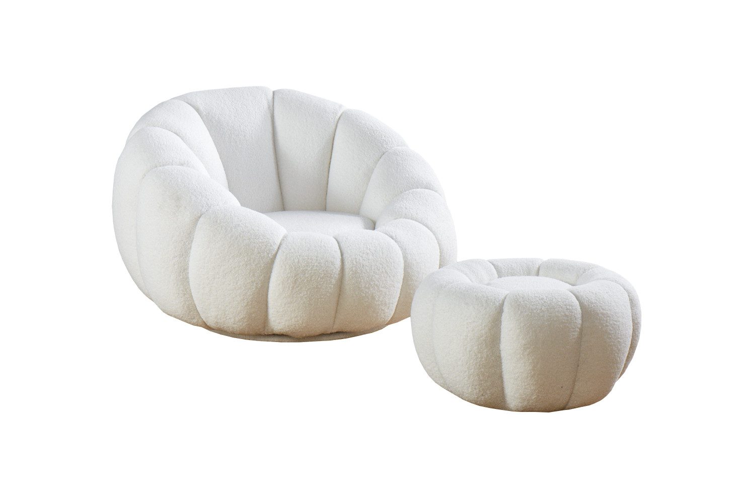 dynamic24 Sessel, Polstersessel und Hocker Set aus Teddyfell Weiß