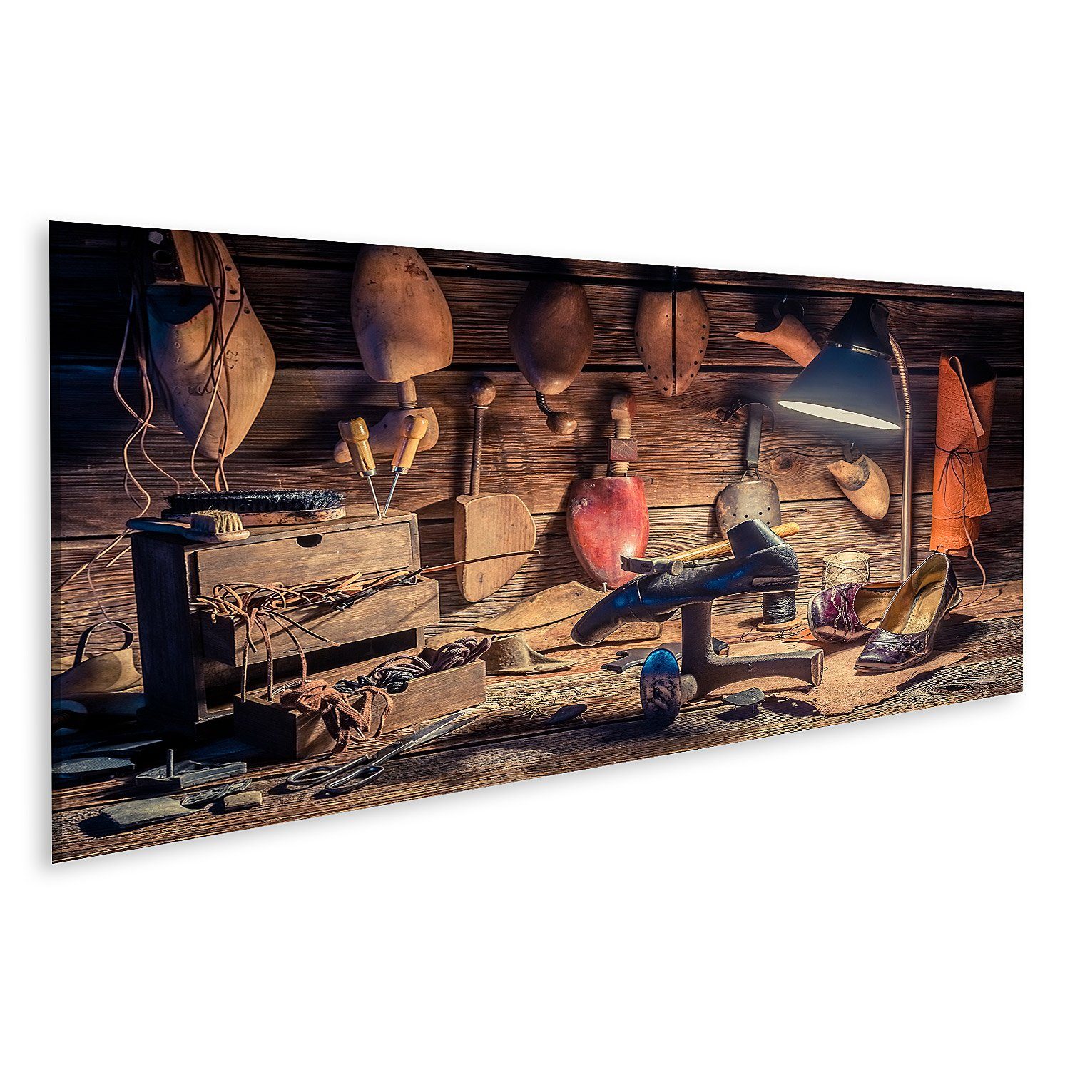 islandburner Leinwandbild »Bild auf Leinwand Vintage Schuster Arbeitsplatz Mit Pinsel Und Schuhe ...