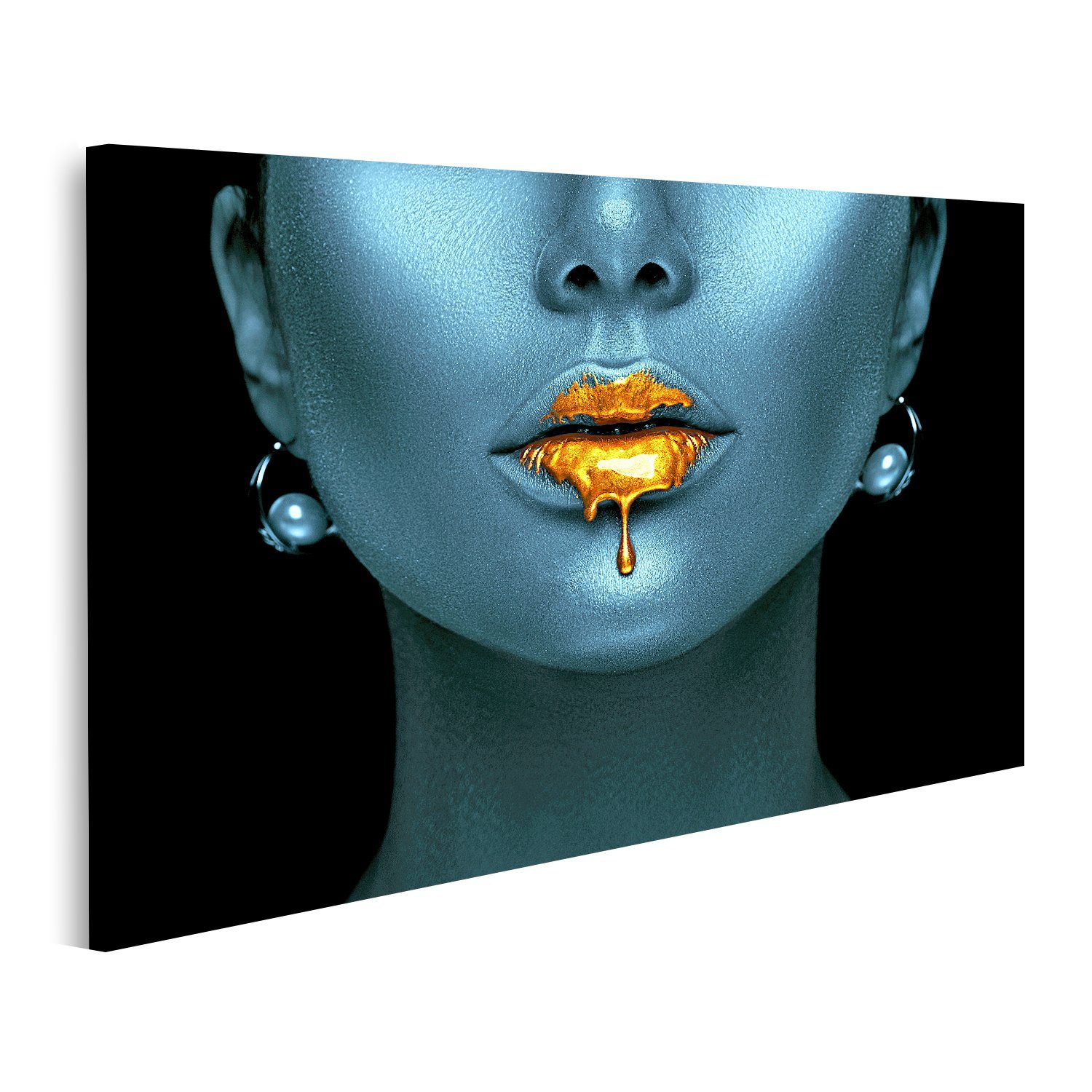 islandburner Leinwandbild Bild auf Leinwand Gold Paint Drips Sexy Lips Golden Liquid Drops Beaut