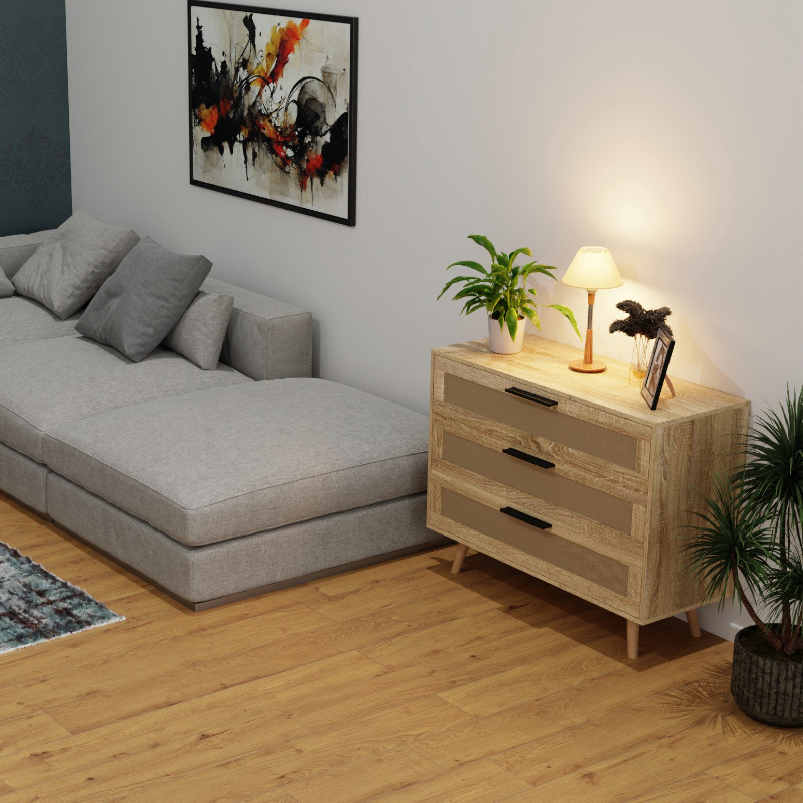 HAGO Duschsystem 3 Schubladen Rattan Holz Anrichte Sonoma Eiche ...