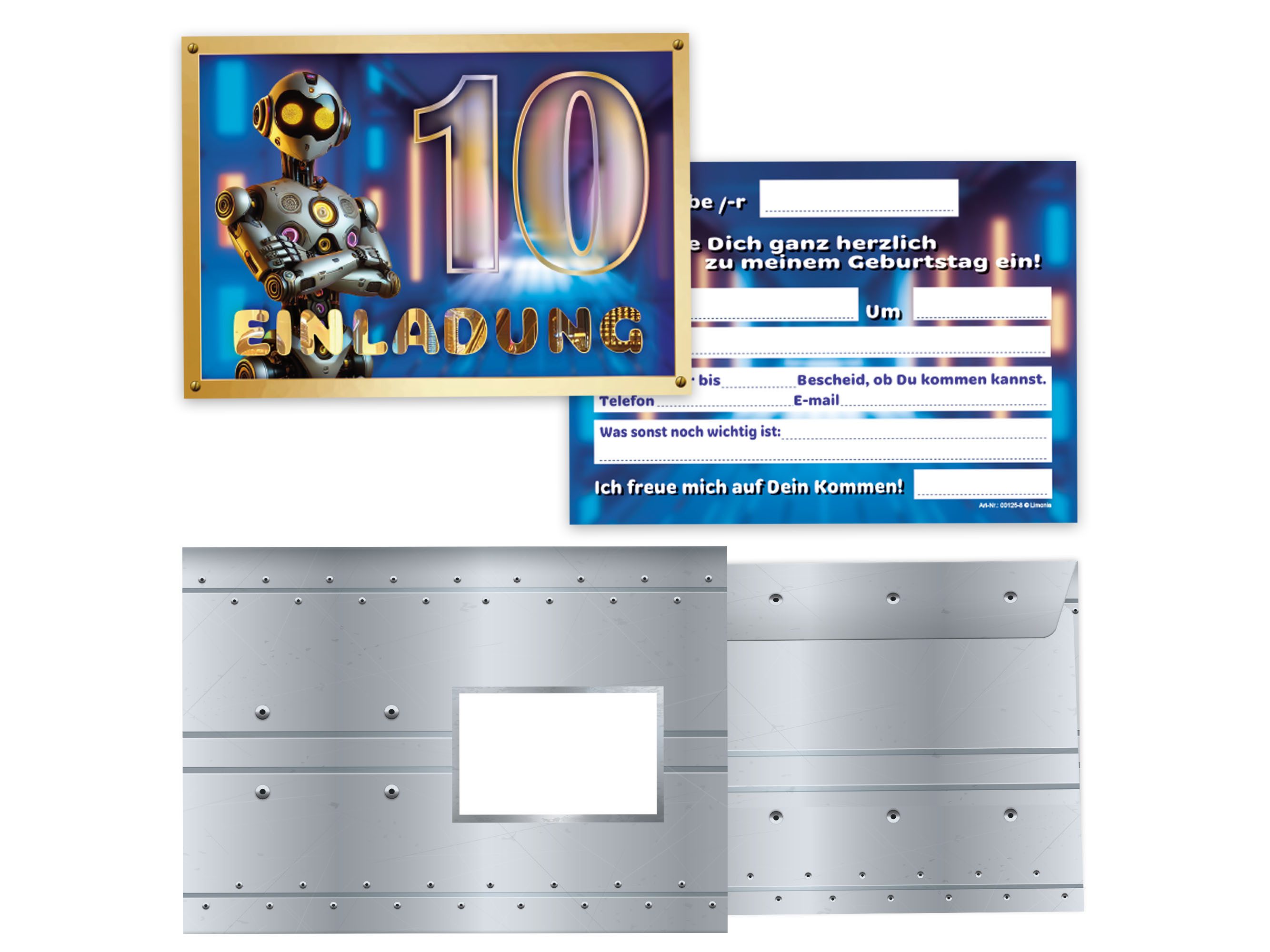 LIMONIA Einladungskarten Roboter KI neon Einladungen zum 10. Kindergeburtstag Umschlägen blau ...
