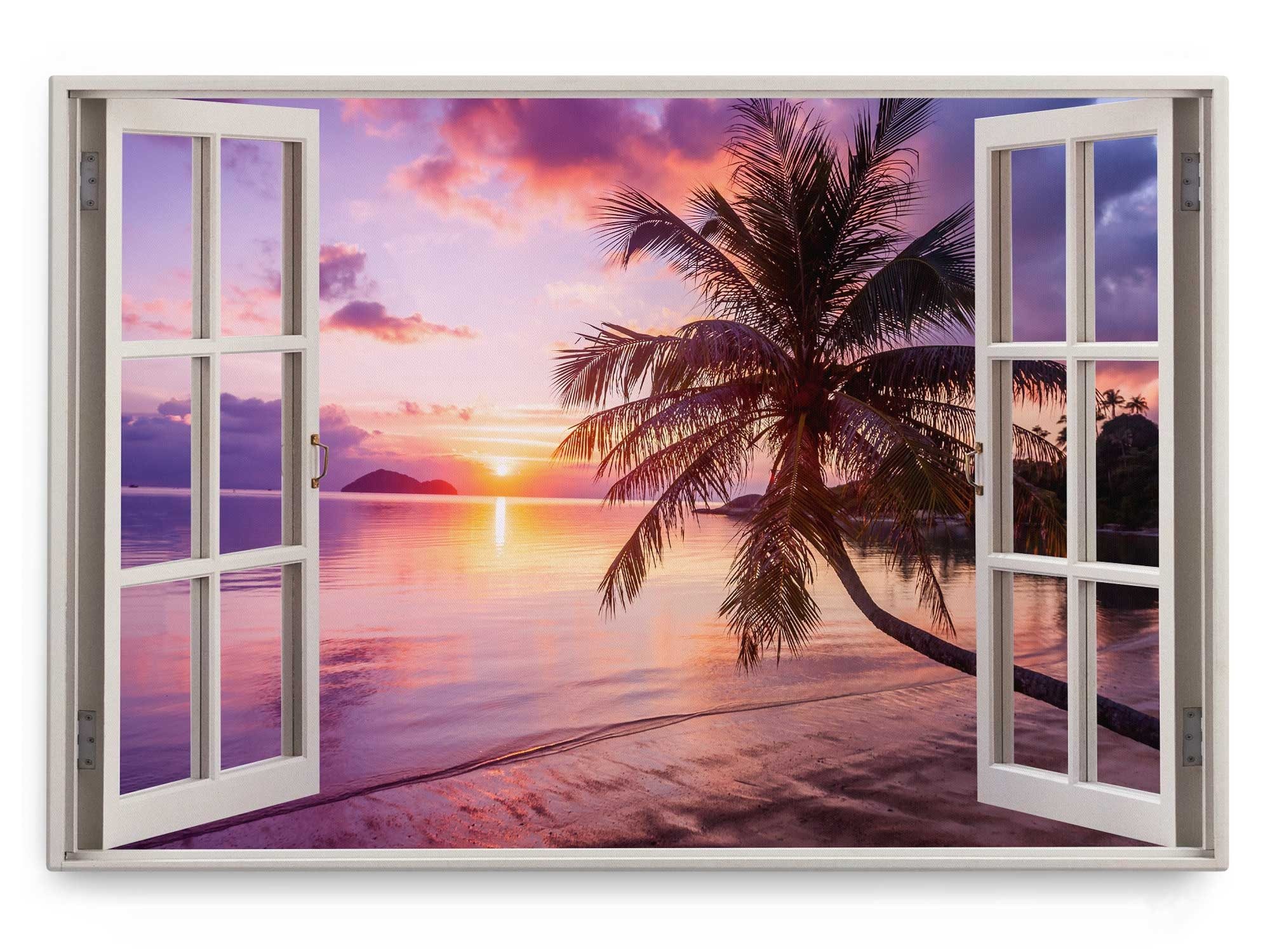 Sinus Art Leinwandbild Wandbild 120x80cm Fensterbild Traumstrand Palmen Sonnenuntergang Meer, (1 St)