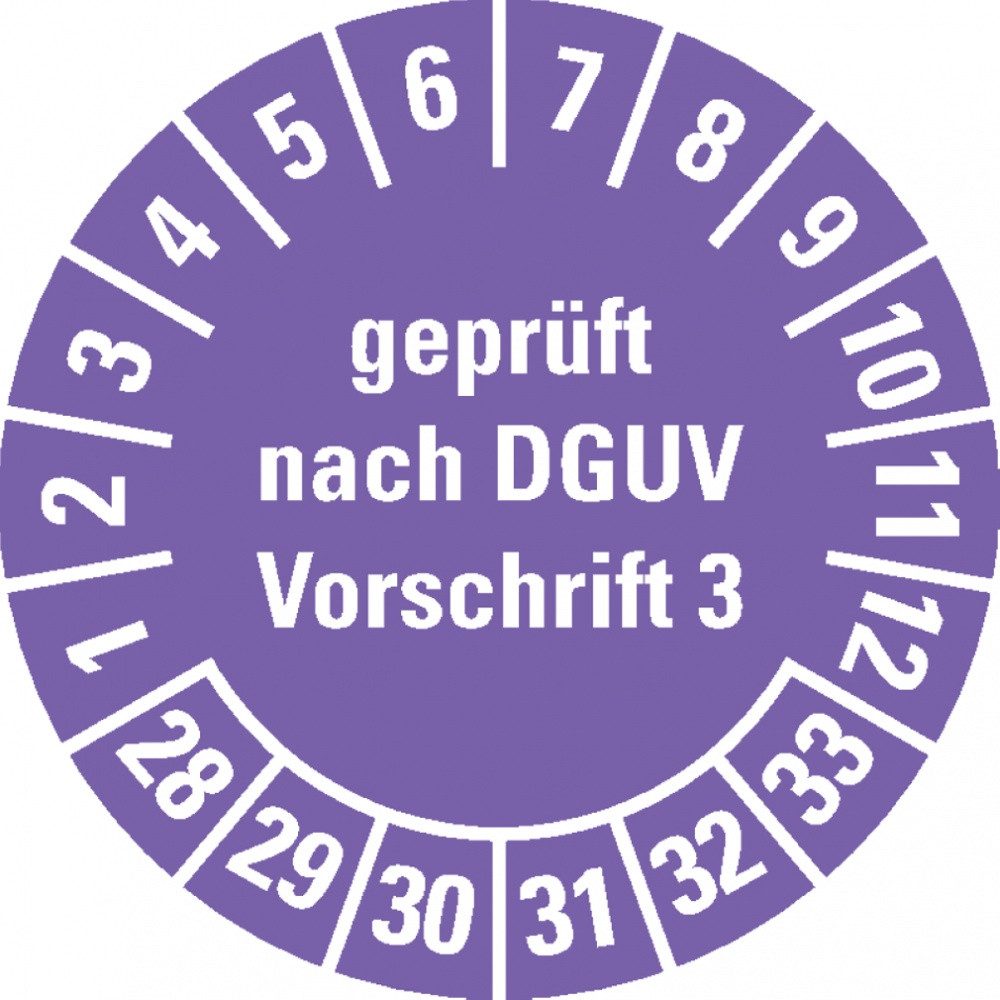 Dreifke Hinweisschild Prüfplakette gepr.n. DGUV Vorschrift 3 28-33, violett, Folie, Ø20mm, 1