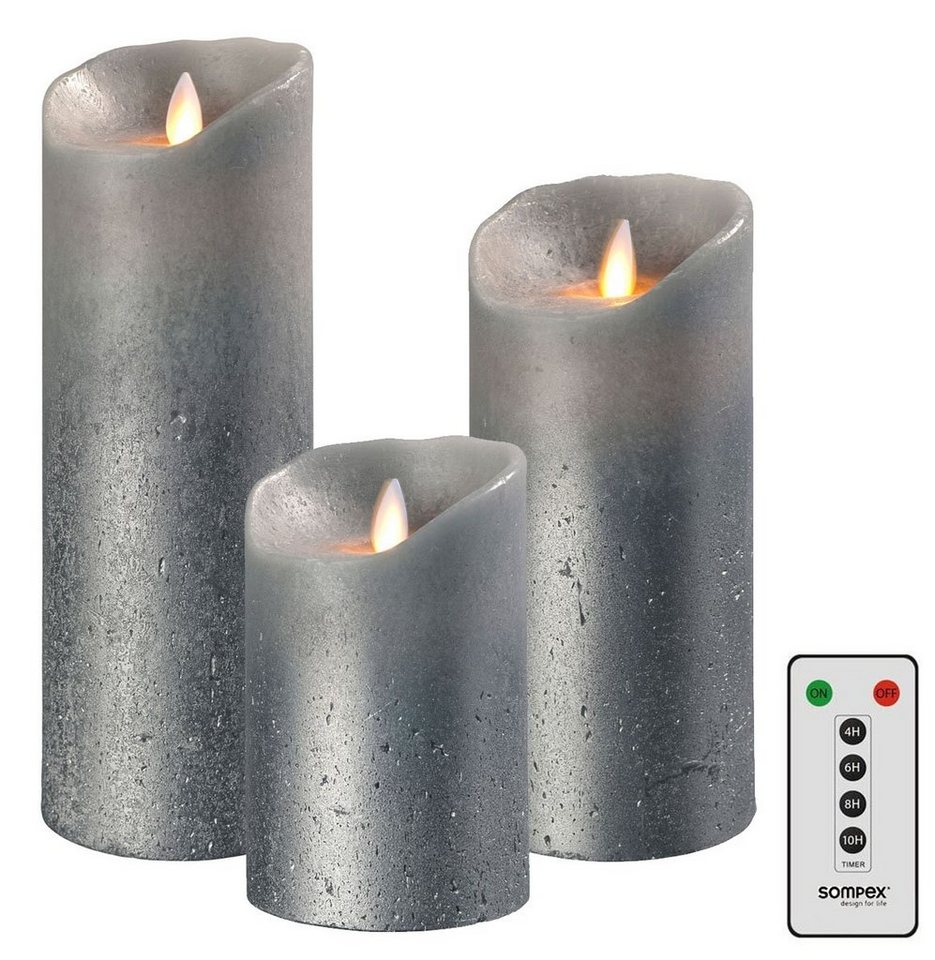 Sompex Led Kerze 3er Set Flame Led Kerzen Grau Metallic 1251823c