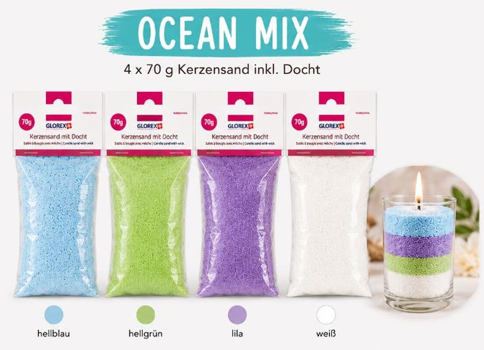 Glorex of Switzerland Dekosand Kerzensand Set´s, 4 x 70g inkl. 4 Dochte