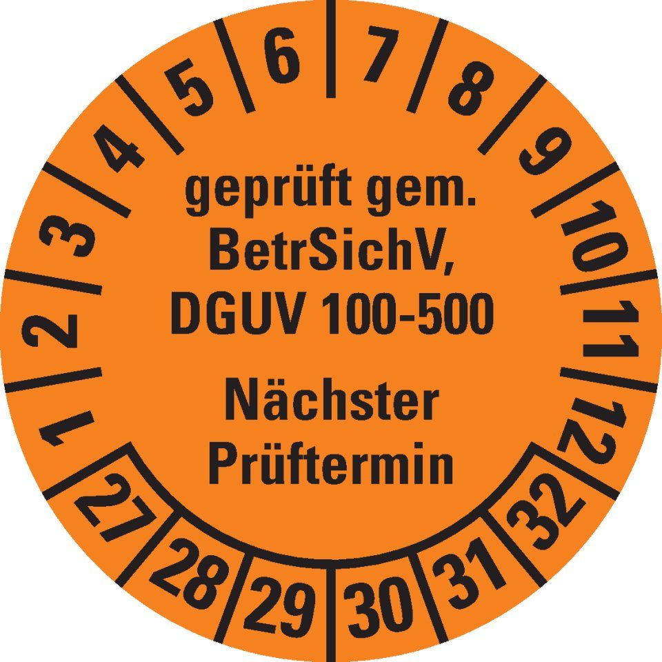Dreifke Hinweisschild Dreifke® Prüfplakette gep.gem.BetrSichV,DGUV 100-500,NP,27-32,orange ...