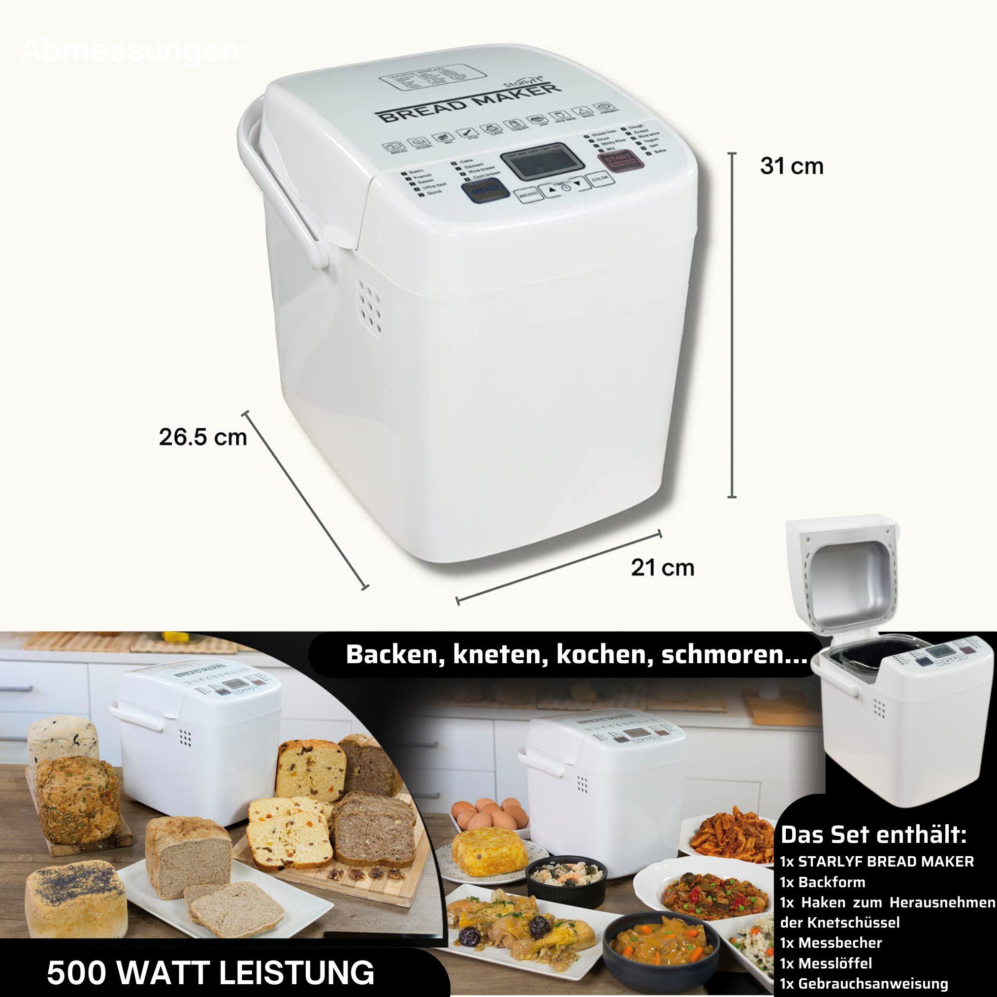 Starlyf Brotbackautomat Bread Maker, 14 Programme, 500,00 W, für 750g ...