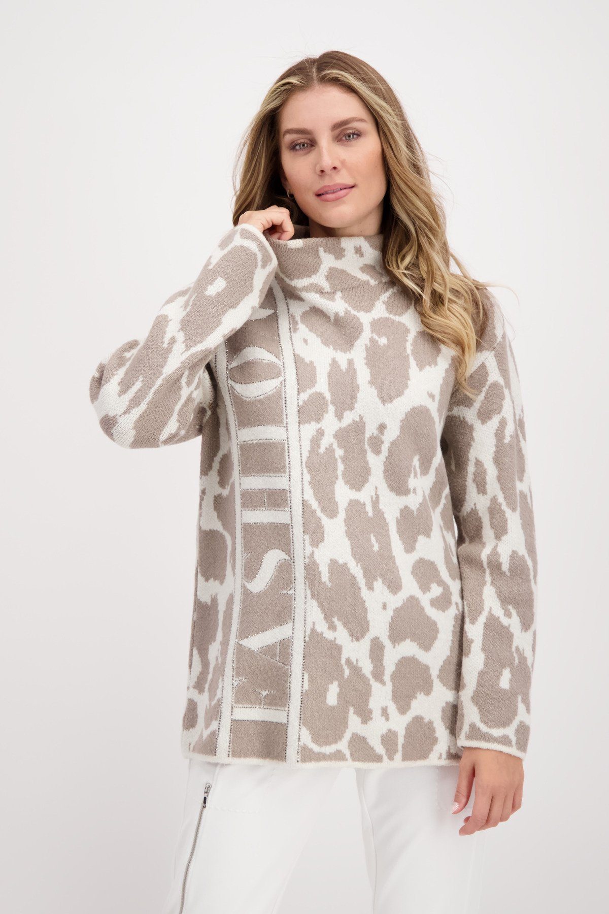 Monari Strickpullover Strickpullover mit Stehkragen und Strass im Animal Look