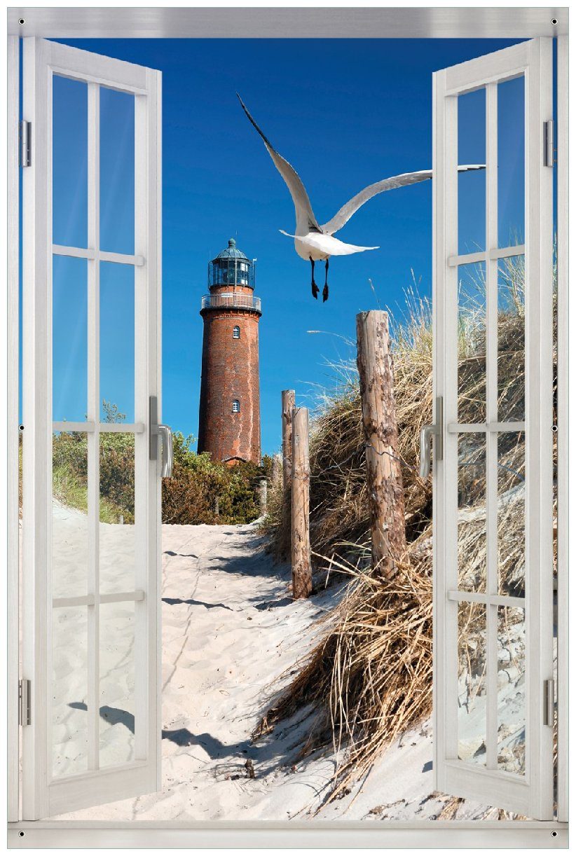 Wallario Sichtschutzzaunmatten Möwe Am Strand Mit Leuchtturm Mit