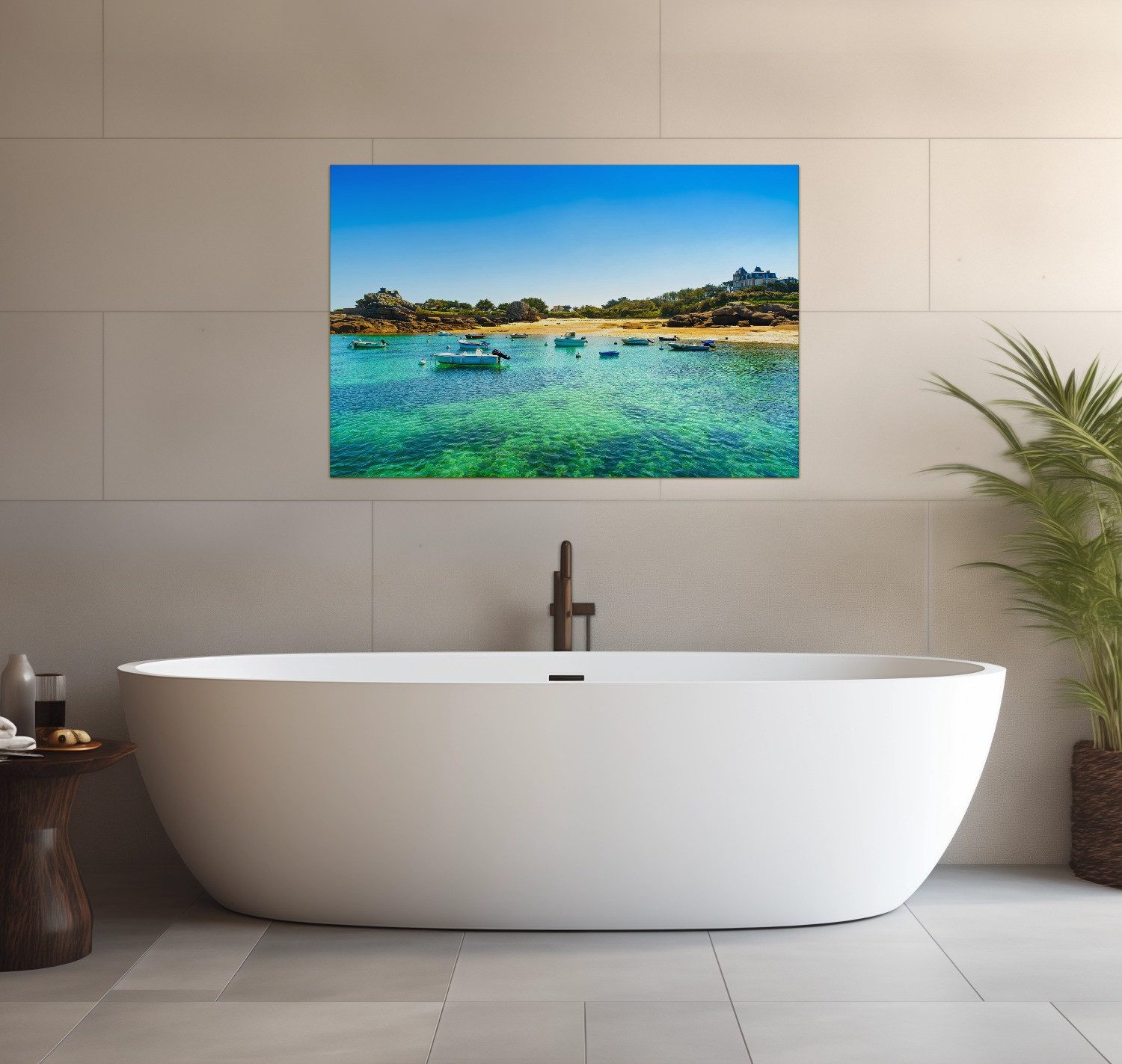 Wallario Wandfolie, Französische Bucht mit klarem Wasser und Booten ...