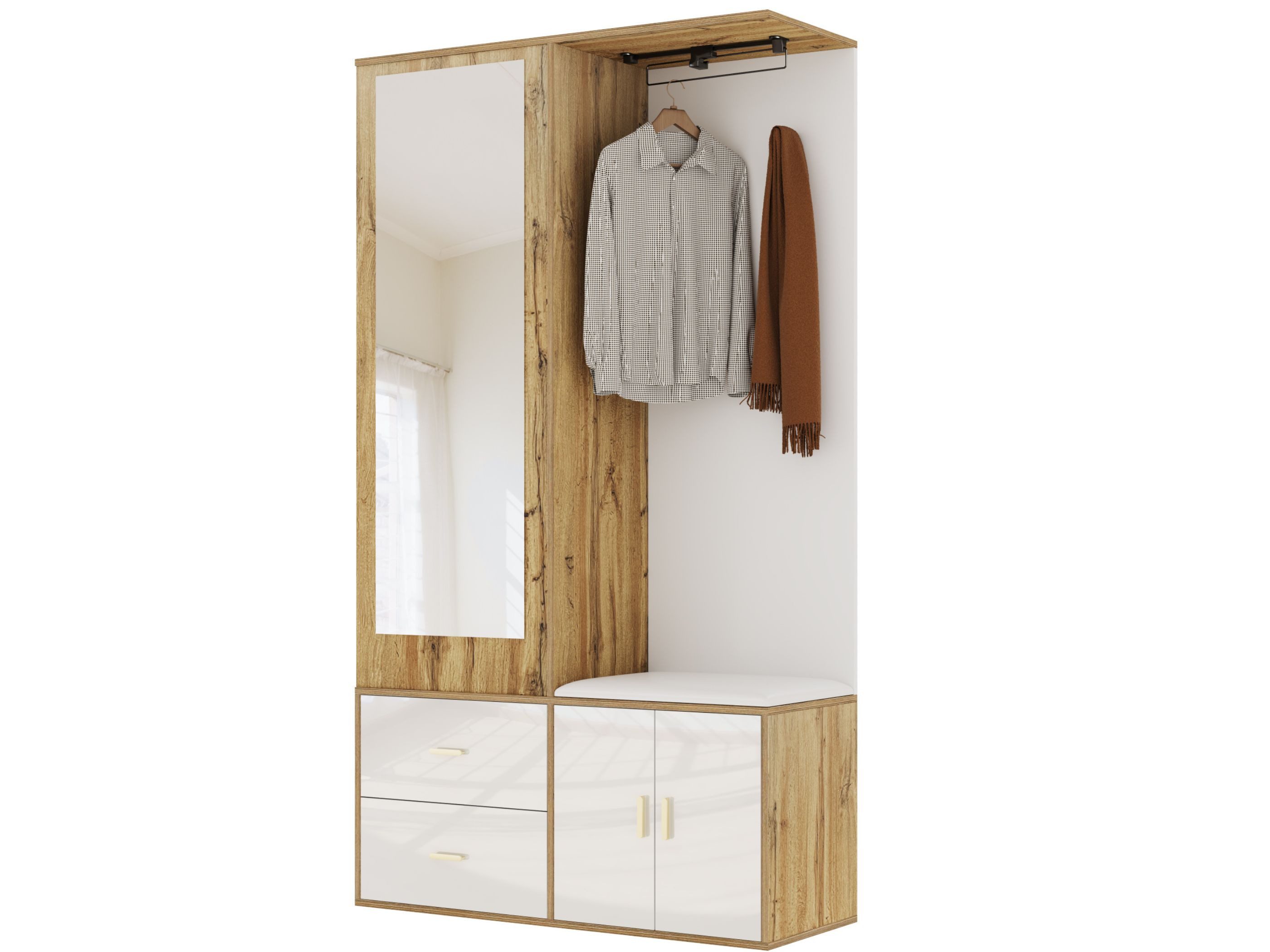 SeedWave Garderobe mit Spiegel, versteckter Kleiderstauraum, gepolsterte Sitzbank, 2 Schubladen ...