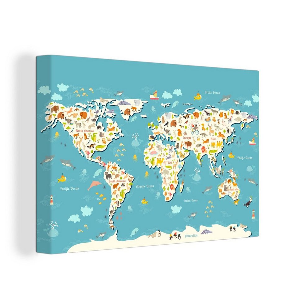 Onemillioncanvasses® Leinwandbild Weltkarte Kinder Tiere Kinder
