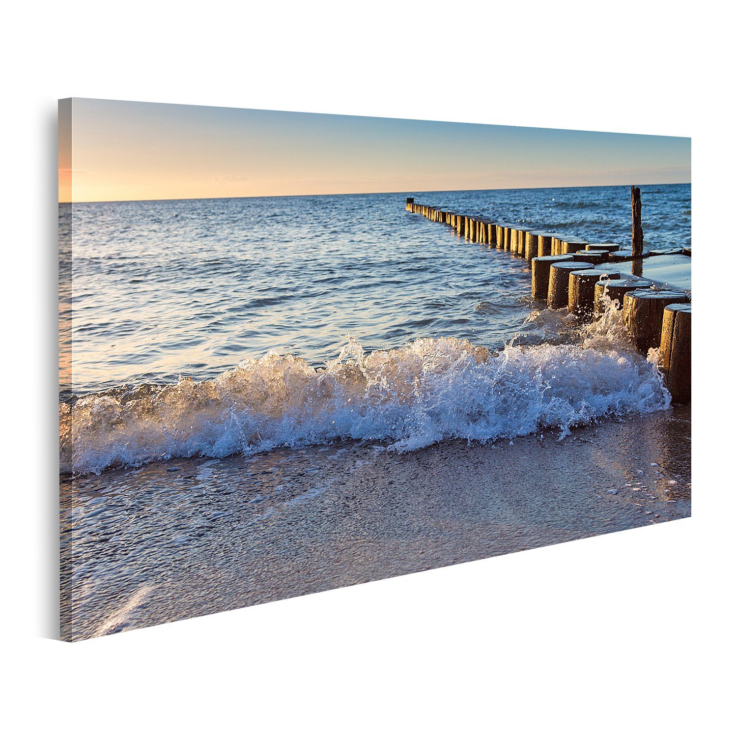 islandburner Leinwandbild Bild auf Leinwand Buhnen Waves Ostsee Holz Wandbild Poster Kunstdruck