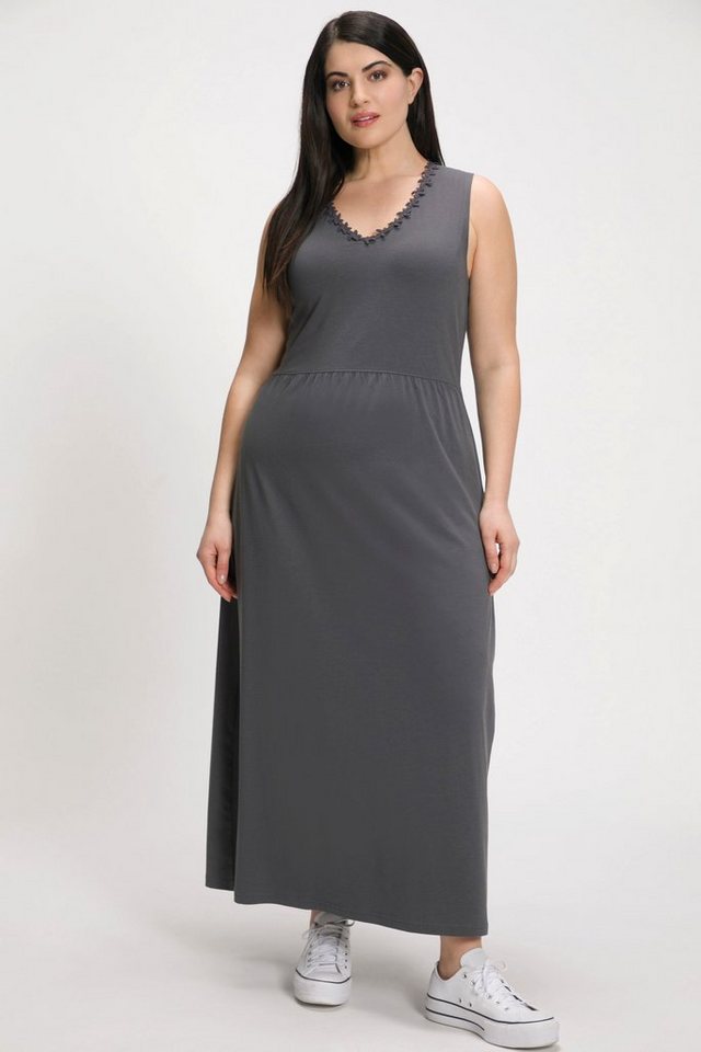 Ulla Popken Jerseykleid Maxikleid Spitze A Linie V Ausschnitt ärmellos