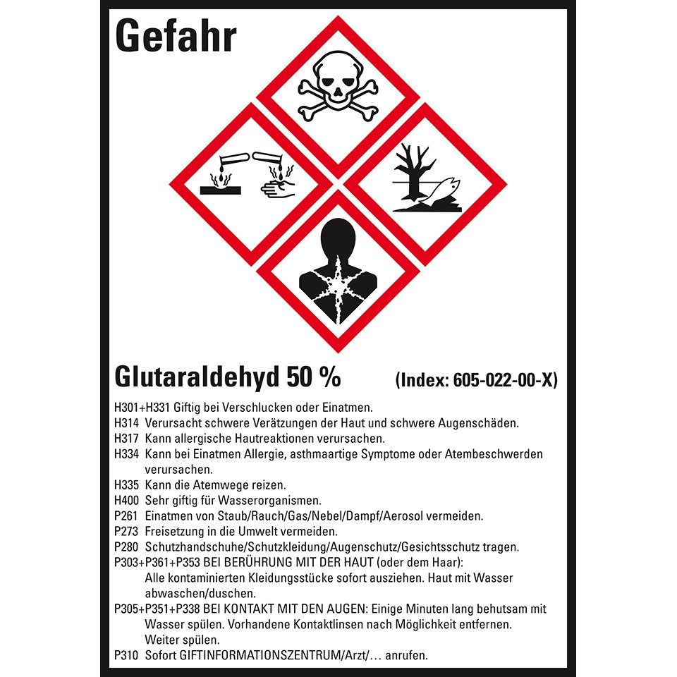 König Werbeanlagen Hinweisschild GHS-Etikett Glutaraldehyd 50%, gem.GefStoffV/GHS/CLP, Folie, 10/Bo