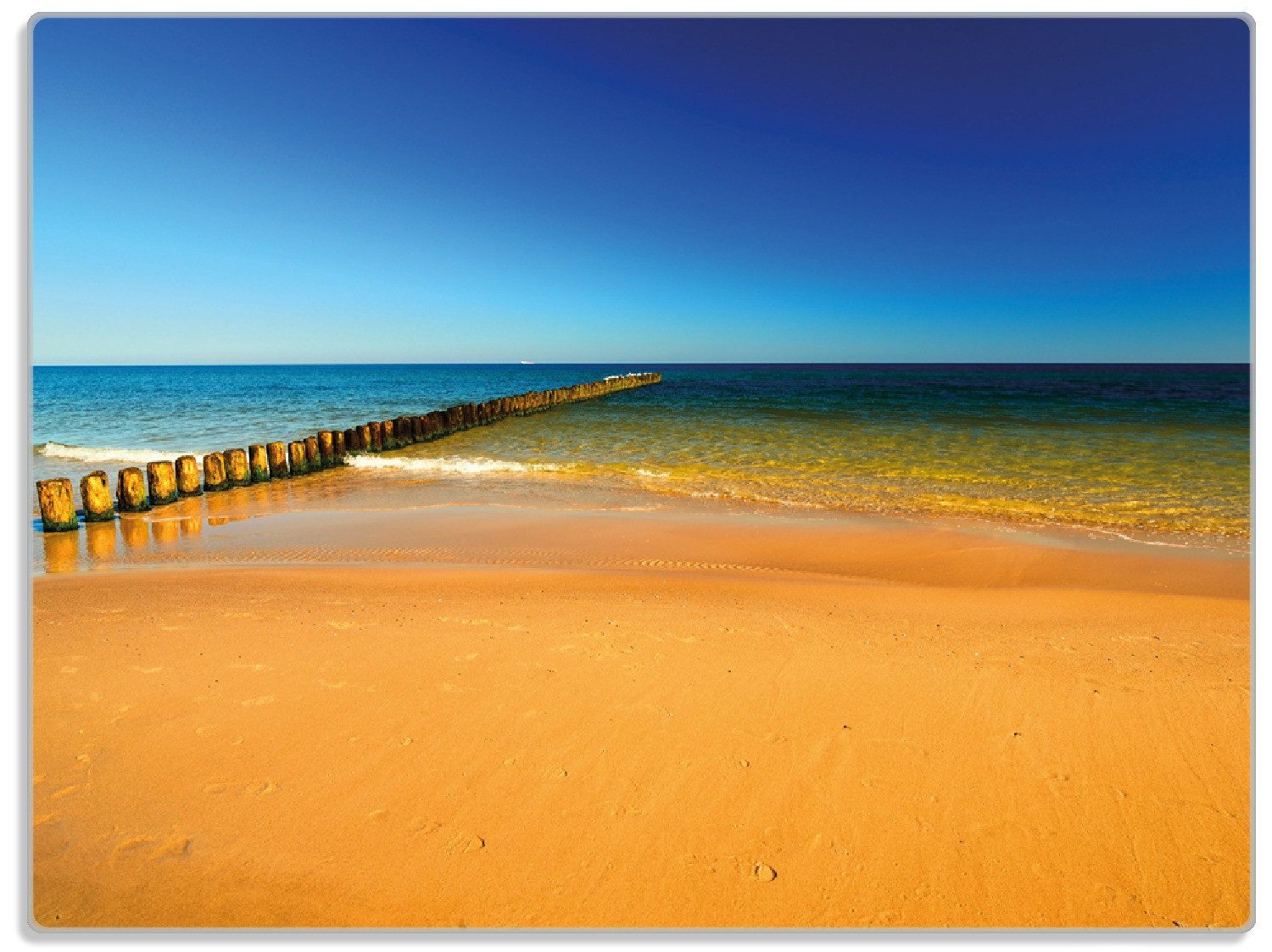 Wallario Schneidebrett Sandstrand In Orange Blaues Meer Blauer