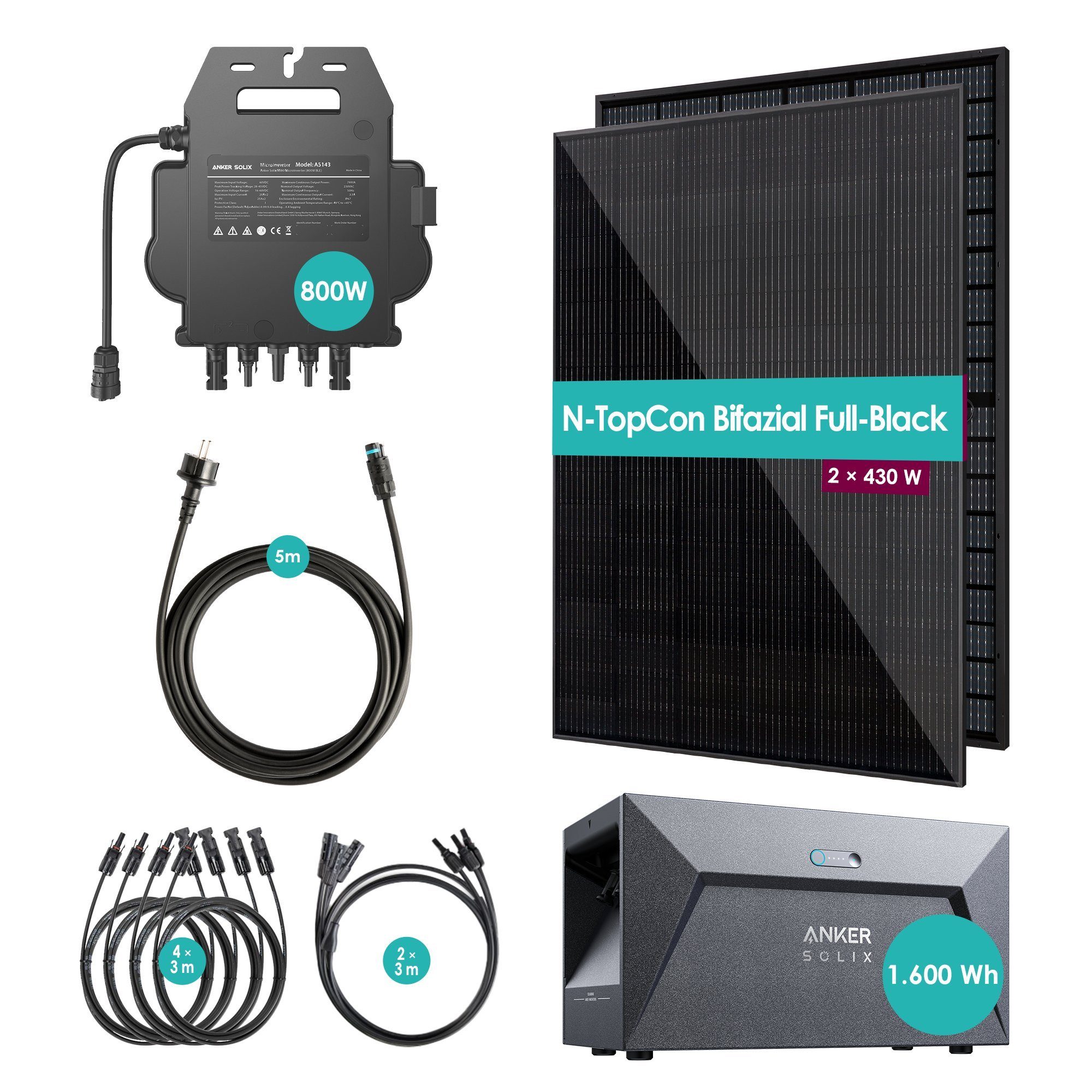 VALE Solaranlage x ANKER, 900,00 W, N-Topcon Bifazial, (Balkonkraftwerk), inkl. 1,6 kWh Anker ...