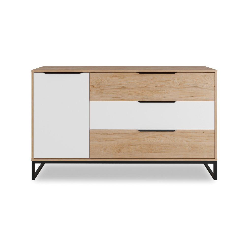 Lomadox Kommode Luzzi 132 Hickory Eiche Nb Mit Weiß 3 Schubkästen 1
