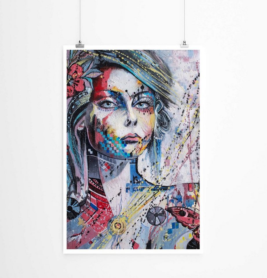 Sinus Art Poster Bild Farbenfrohes Mädchen Mit Blumen Und Schmetterling