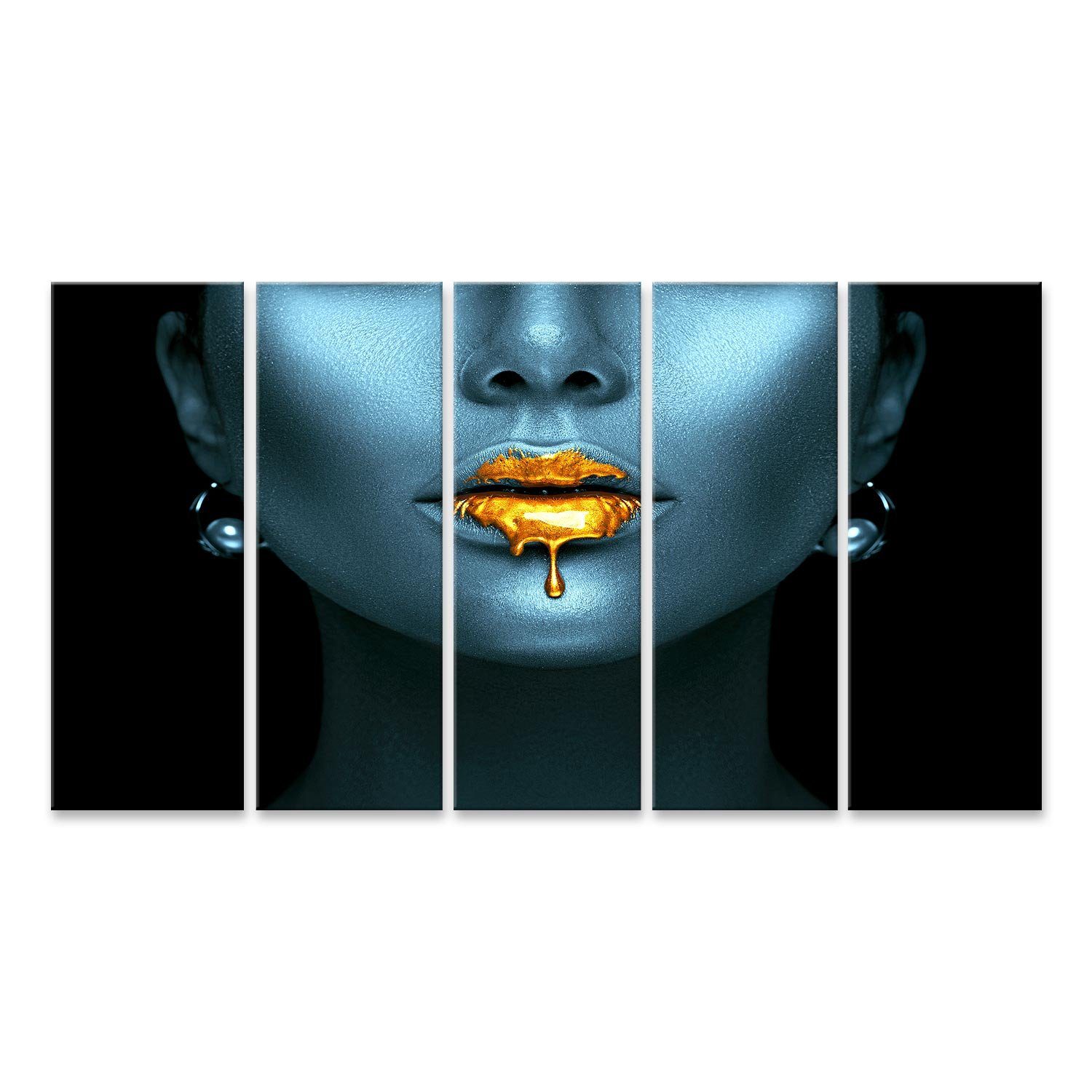 islandburner Leinwandbild Bild auf Leinwand Gold Paint Drips Sexy Lips Golden Liquid Drops Beaut