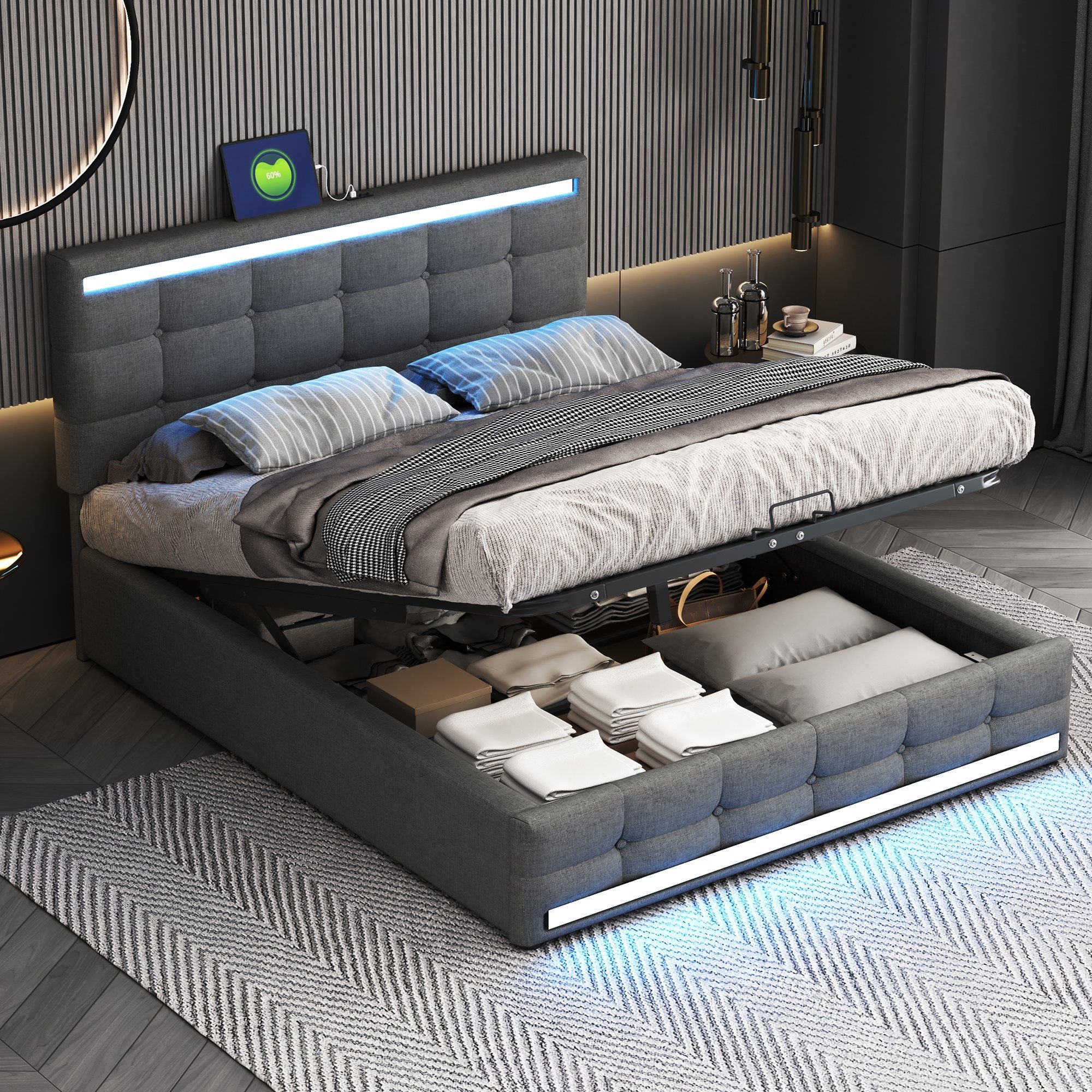 Okwish Polsterbett Doppelbett Großer Stauraum Aus Leinenstoff