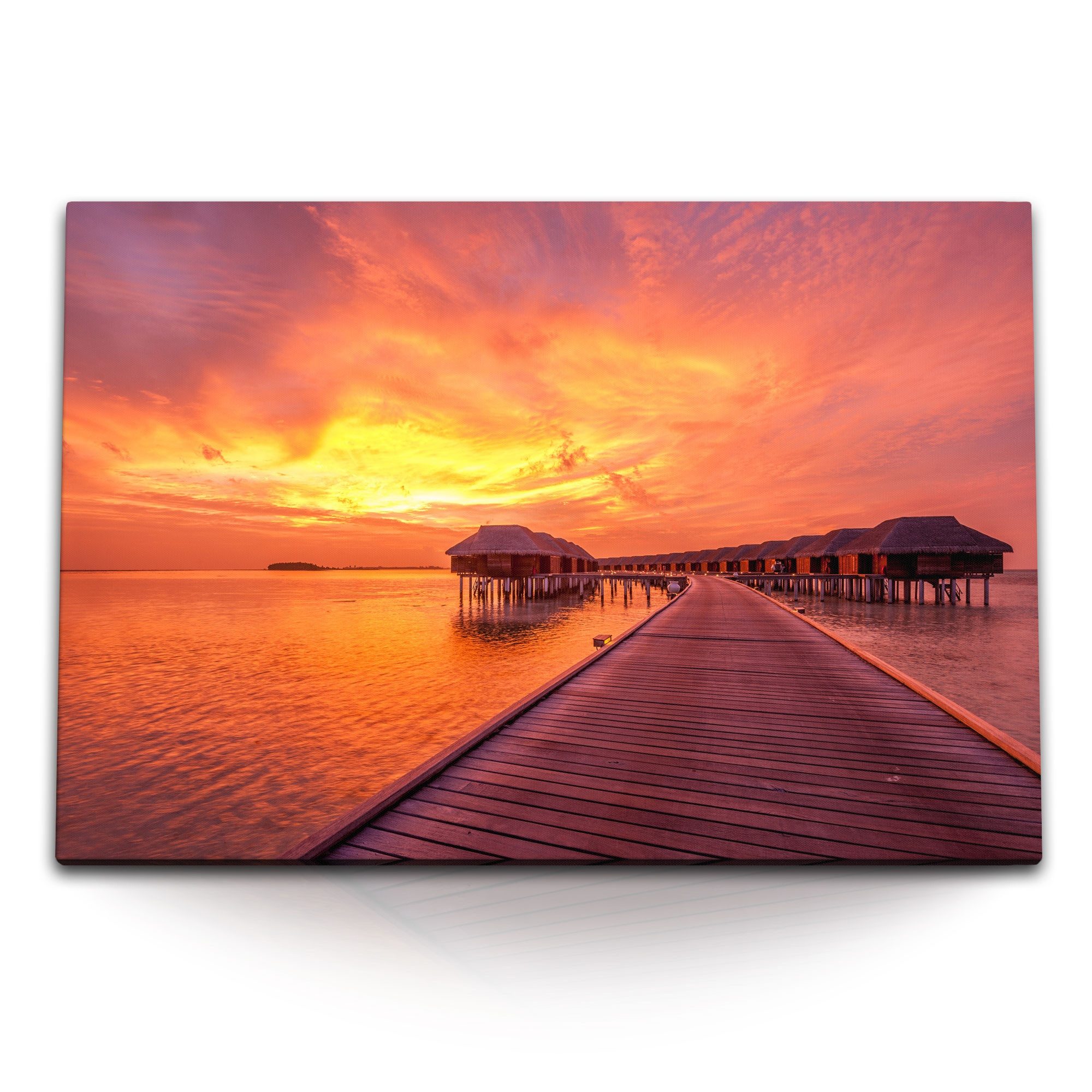 Sinus Art Leinwandbild 120x80cm Wandbild auf Leinwand Malediven Wasserbungalows roter Himmel, (1 St)