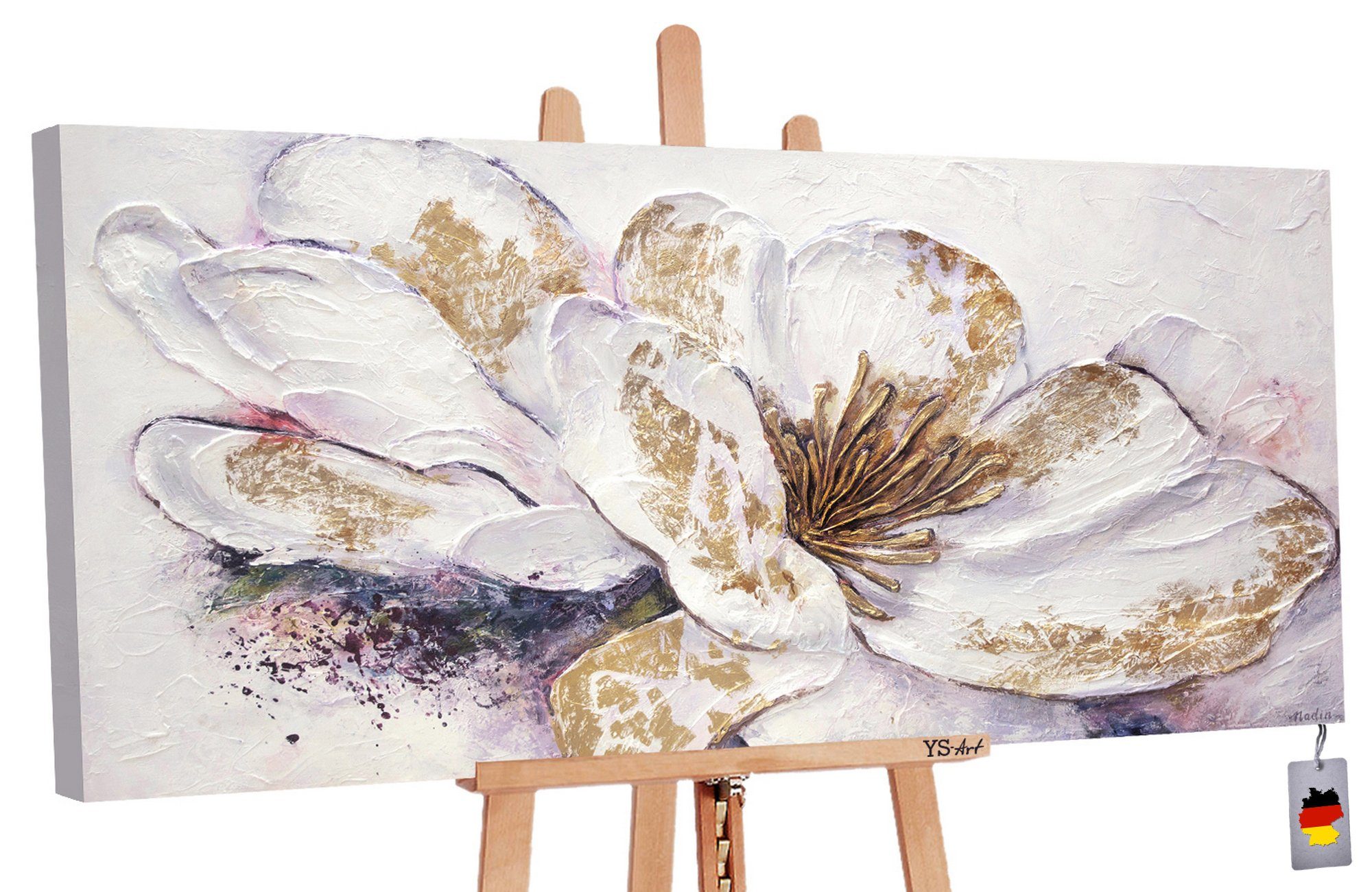 YS-Art Gemälde »Goldene Pfingstrose«, Blumen, Leinwand Bild Handgemalt Blumen Pfingstrosen Lila Gold