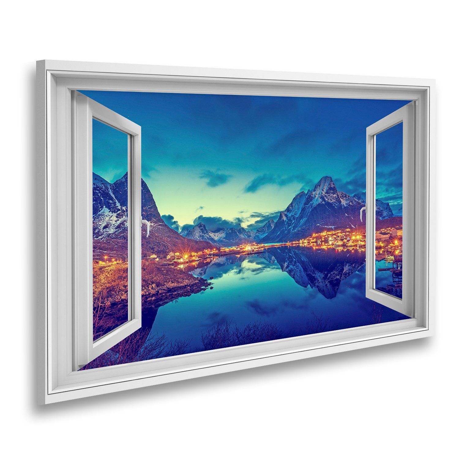 islandburner Leinwandbild Fensterblick Sonnenuntergang im Dorf Reine Lofoten Inseln Norwegen Sag