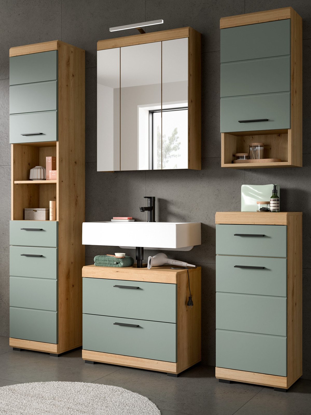 Inn.Furn Badmöbel-Set Shawn, (Badezimmer in Salbei grün und Artisan Eiche, Komplett-Set 5-teilig ...