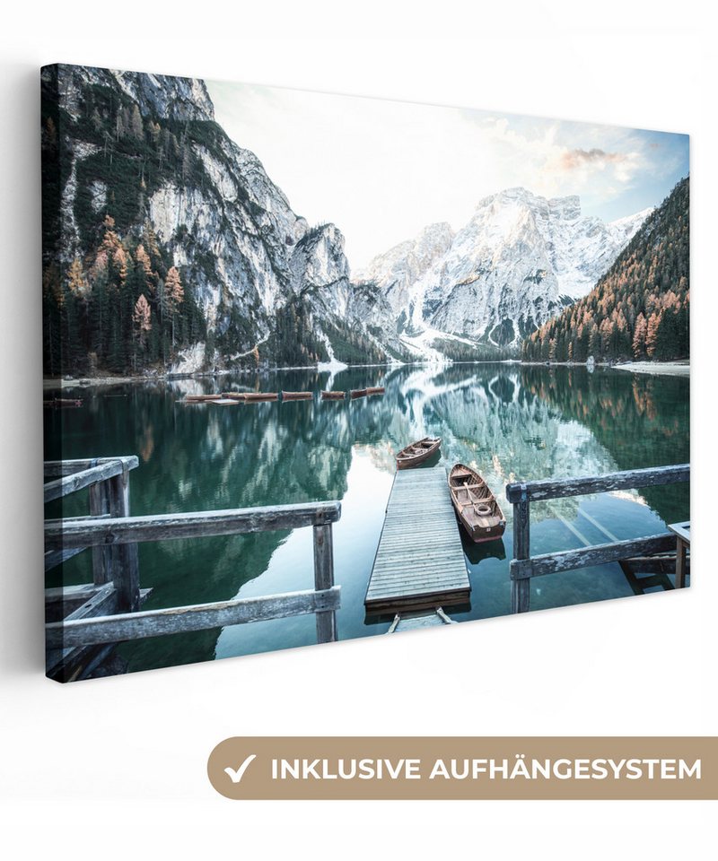 Onemillioncanvasses® Leinwandbild Natur Berge Schnee Wald Boot