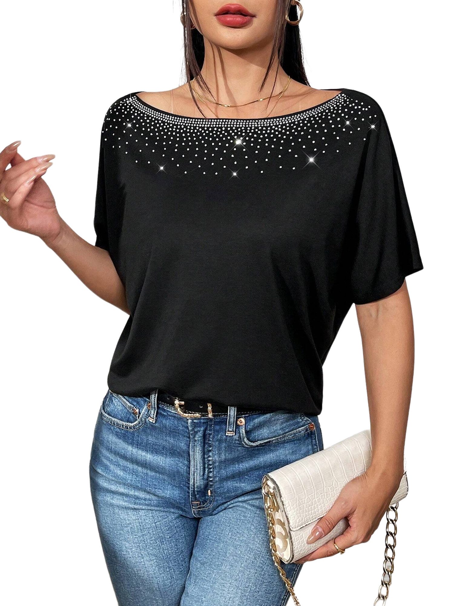 Pyl Kurzarmshirt Damen Sommer Kurzarmbluse Mit Heißer Bohrer 36 42 Größe
