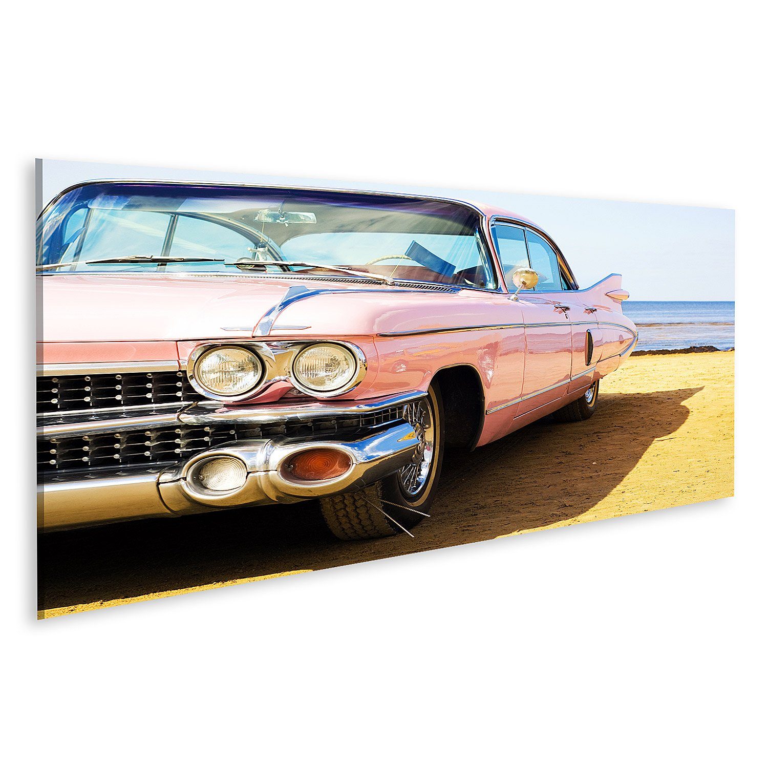 islandburner Leinwandbild Bild auf Leinwand Klassischer rosa Cadillac Strand Wandbild Poster Kun