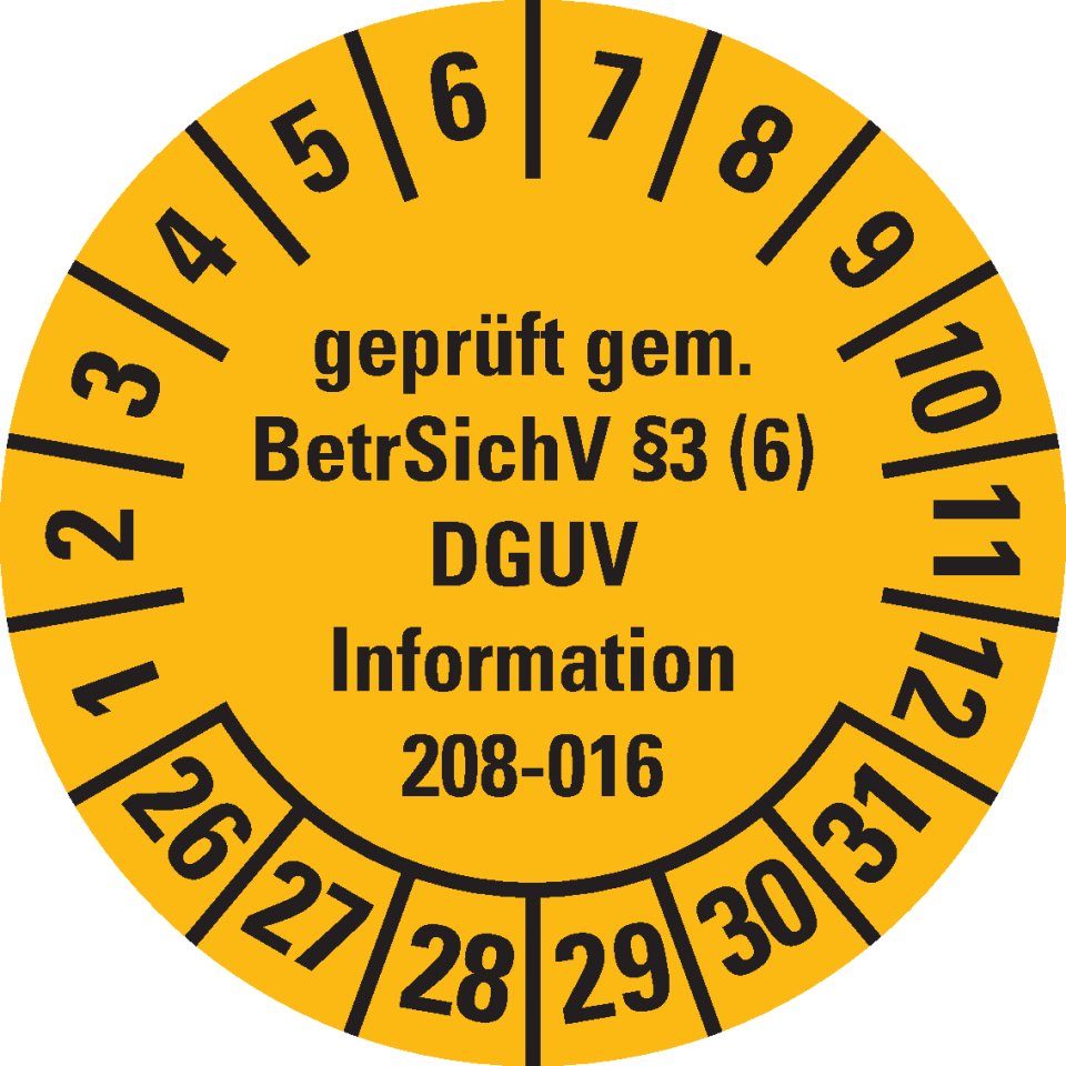 König Werbeanlagen Hinweisschild Prüfpl.gepr.gem.BetrSichV §3(6)DGUV,26-31,gelb,Dokufolie,Ø 30mm ...