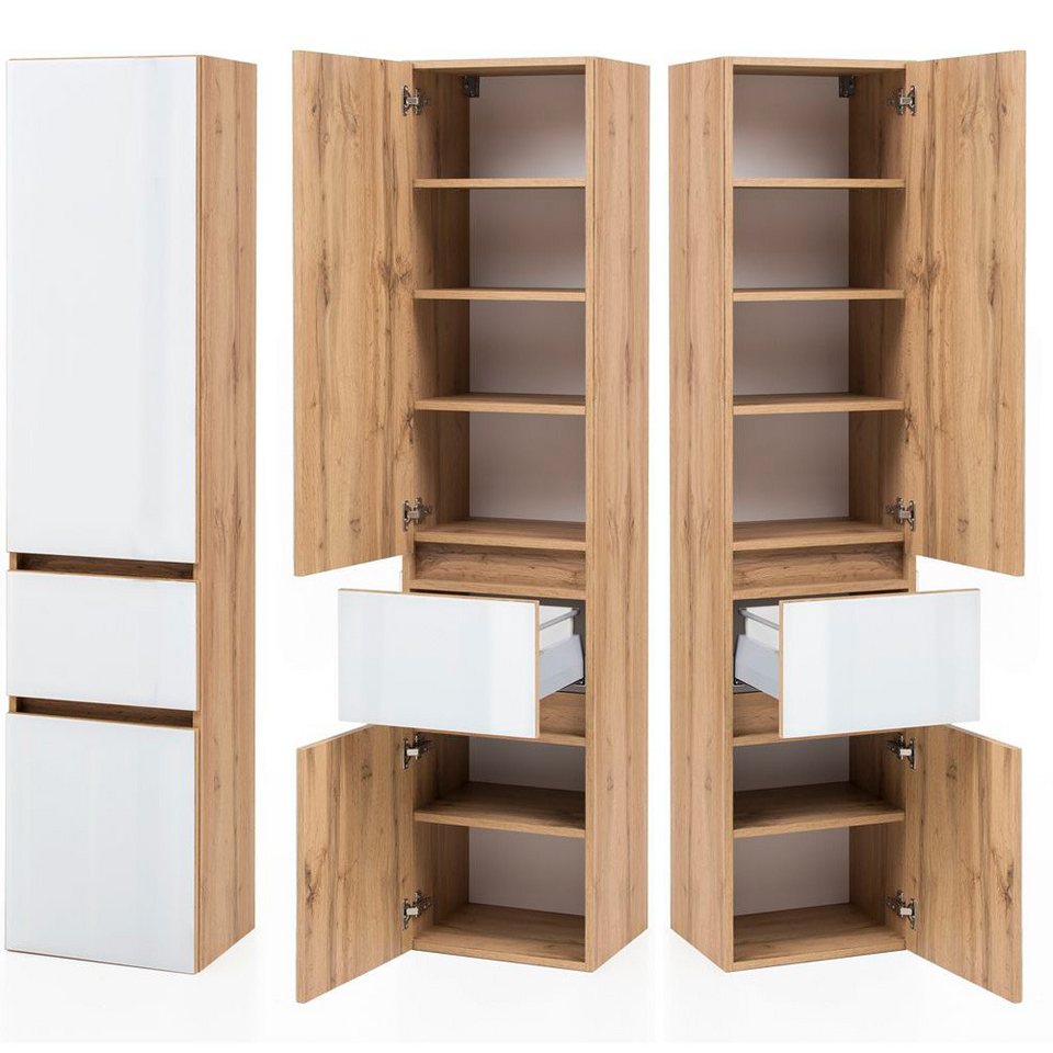 Lomadox Seitenschrank Heerlen 03 Wotaneiche Nb Mit Glasfronten Weiß 40
