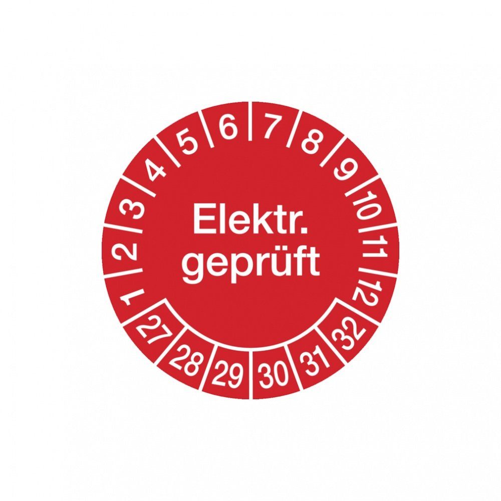 König Werbeanlagen Hinweisschild Prüfplakette, Elektr. geprüft, rot/weiß, Ø 20 mm, Bogen = 10 ...