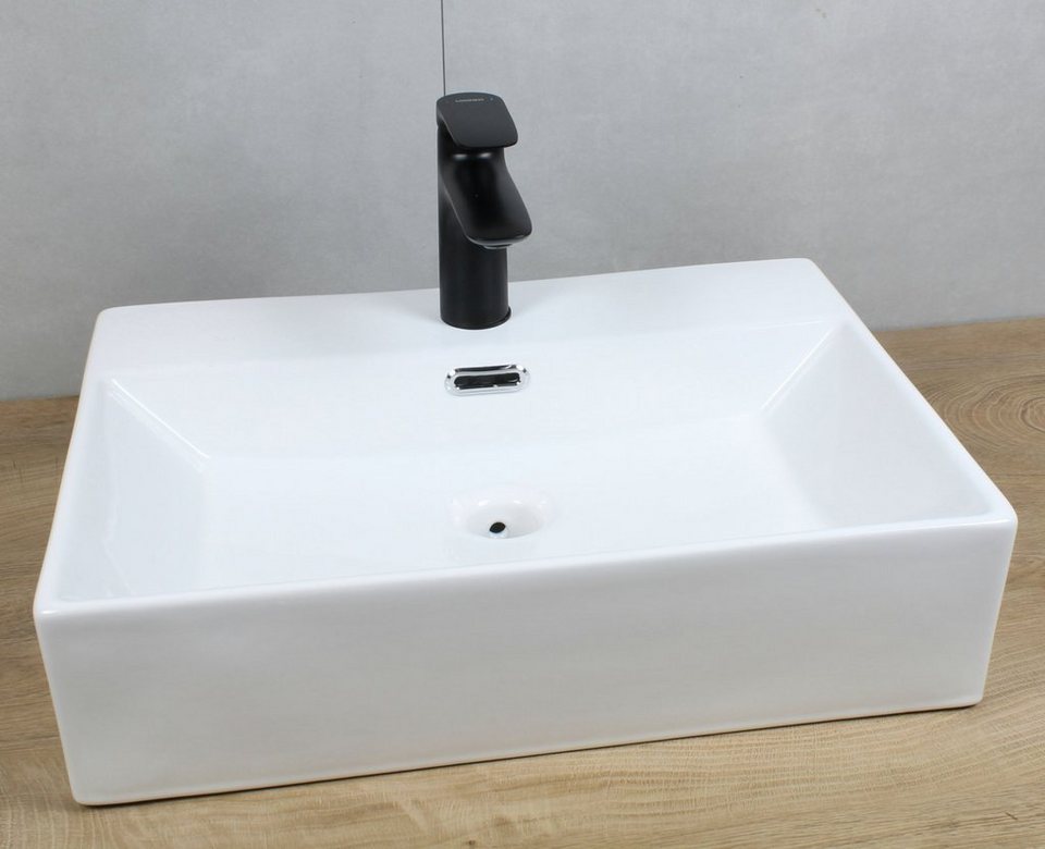 Hago Aufsatzwaschbecken Keramik Waschbecken Eckig 515x360x130 Weiß Mit