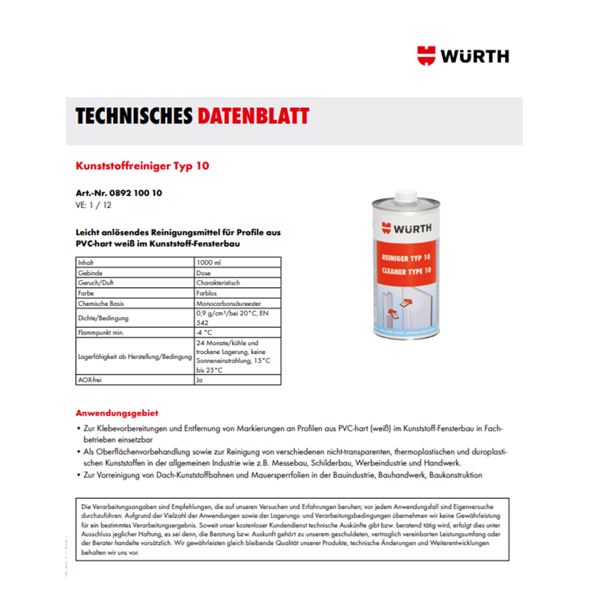 Würth Würth Kunststoffreiniger Leicht Anlösend Typ 10, 089210010 ...