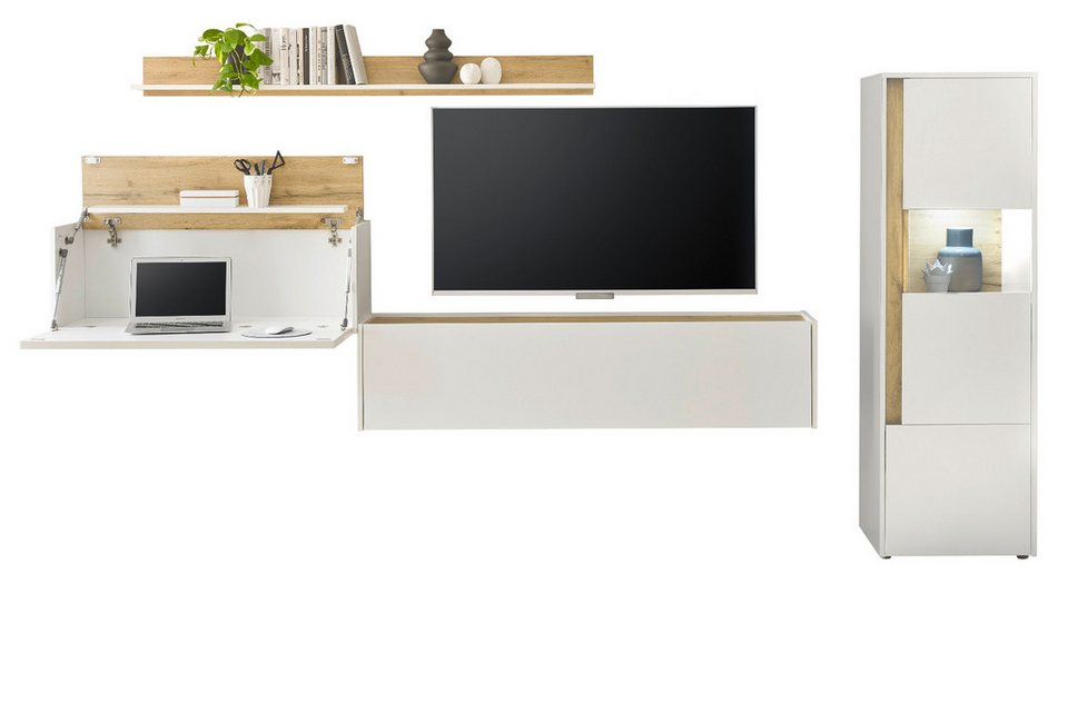 Furndesign Wohnwand Center In Weiß Matt Mit Wotan Eiche 4 Teilig