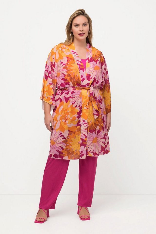 Ulla Popken Blusenjacke Kimono Blüten Bindegürtel Schalkragen 34 Arm