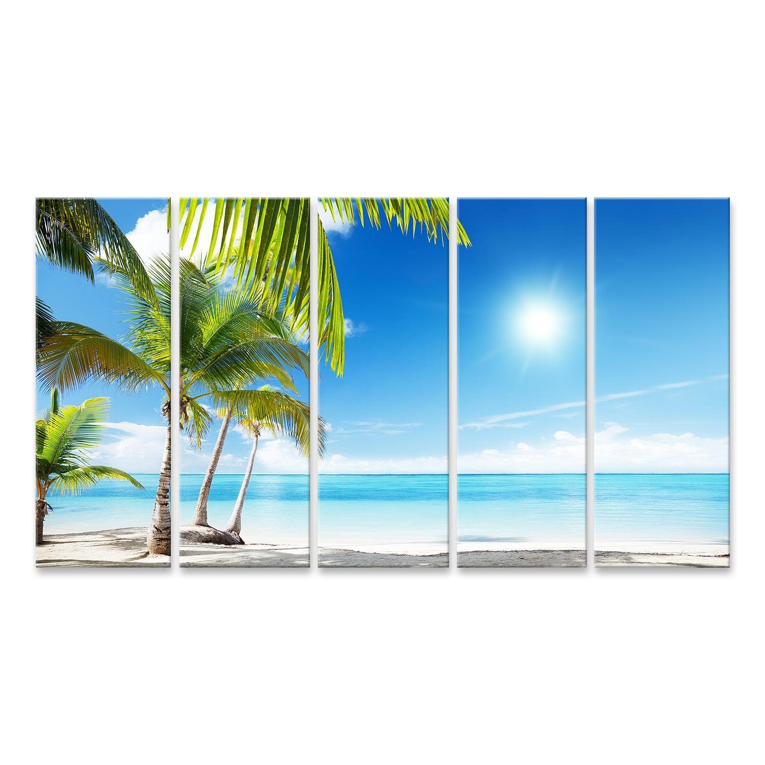 islandburner Leinwandbild Bild auf Leinwand Karibisches Meer unter Kokospalmen 170x80cm 5-teili
