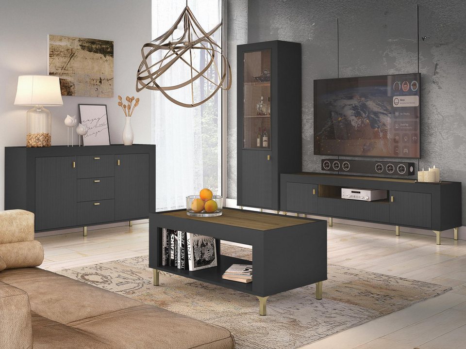 Mirjan24 Wohnzimmer Set Mossa I 4er Set Vitrine Kommode Tv