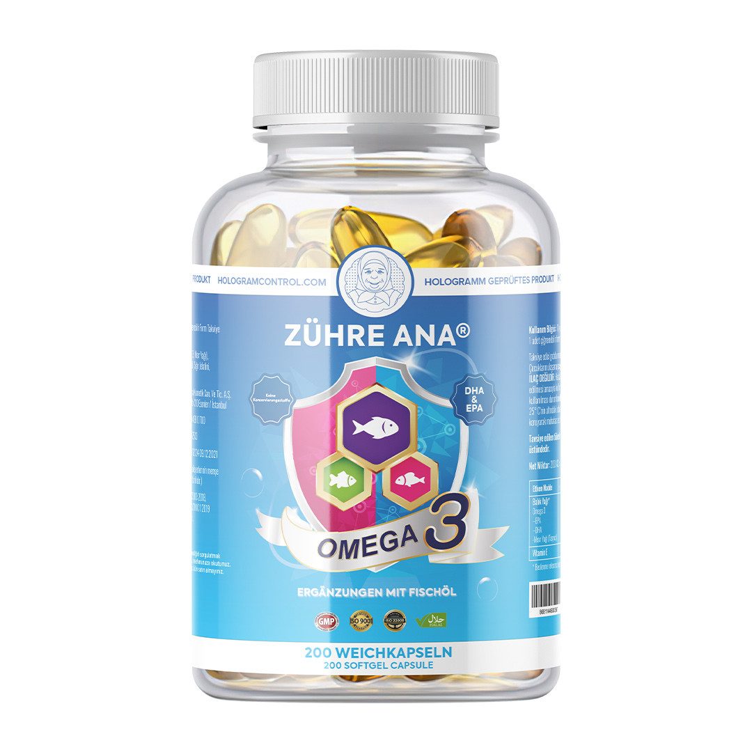 Zühre Ana® OMEGA-3–200 Kapseln (1300 mg) mit 400 mg EPA + 250 mg DHA pro Portion Kapseln, 200 g