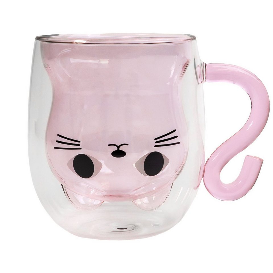 Intirilife Gläser Set Glas Thermo Glas Doppelwandig 200ml Kaffeetasse Teetasse Katzendesign